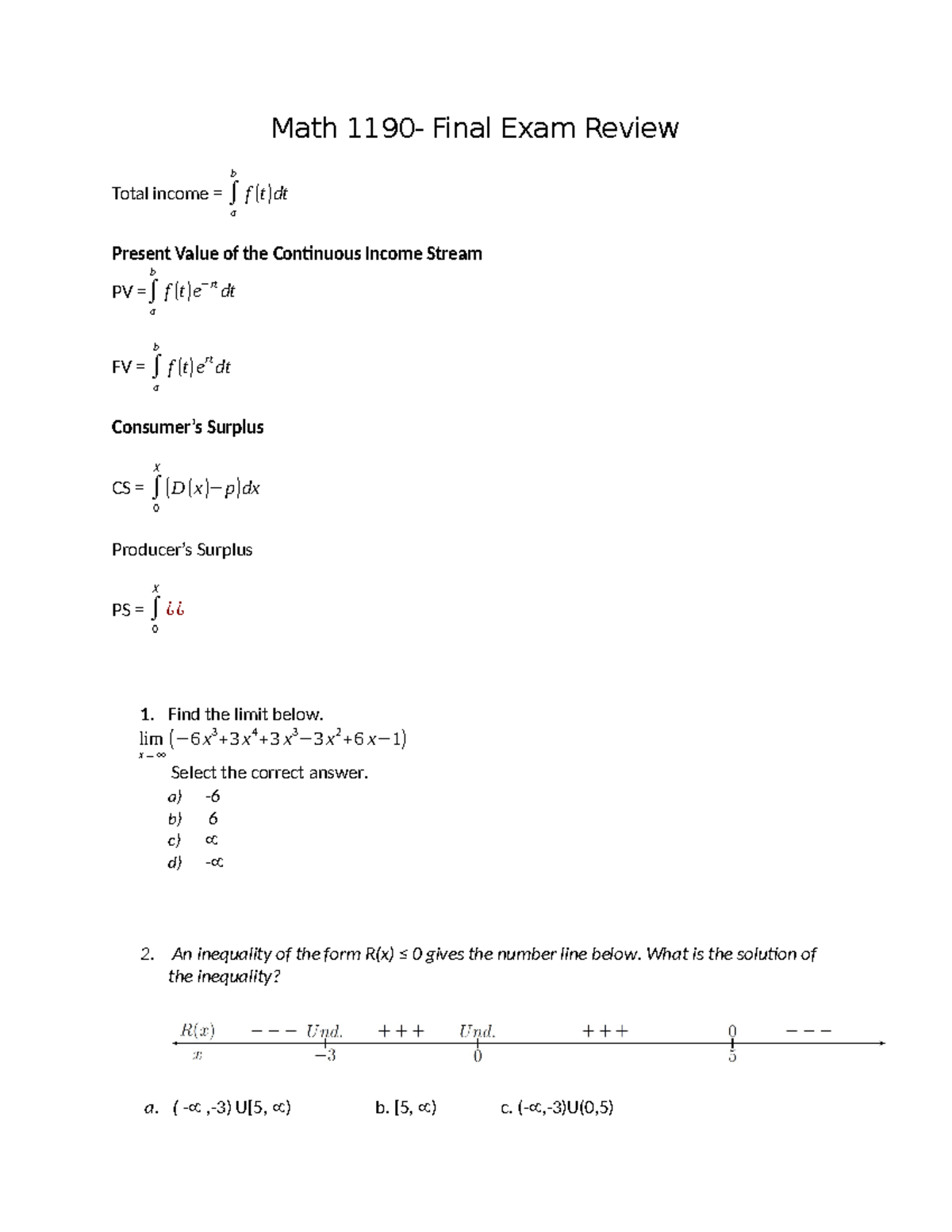 Spring 24 Final exam-Review - Math 1190- Final Exam Review Total income = ∫ a b f ( t ) dt ...