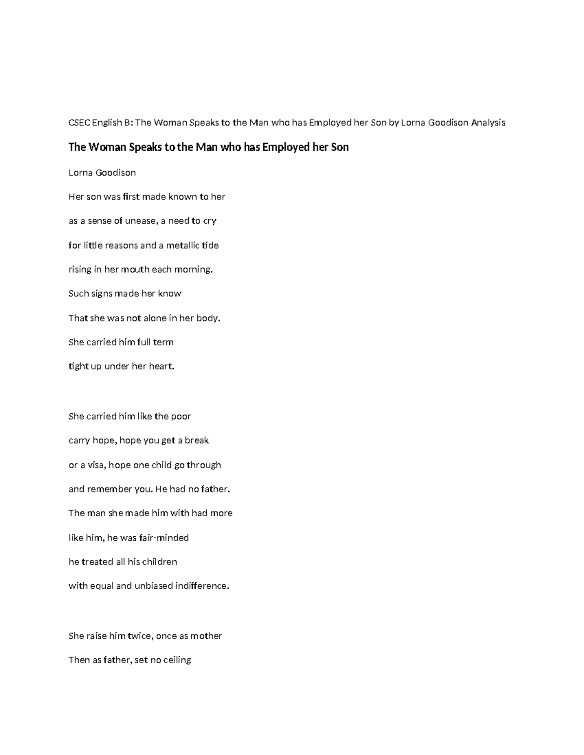 Copy of the poem Woman Speaks to the Man Who Has Employed Her Son ...