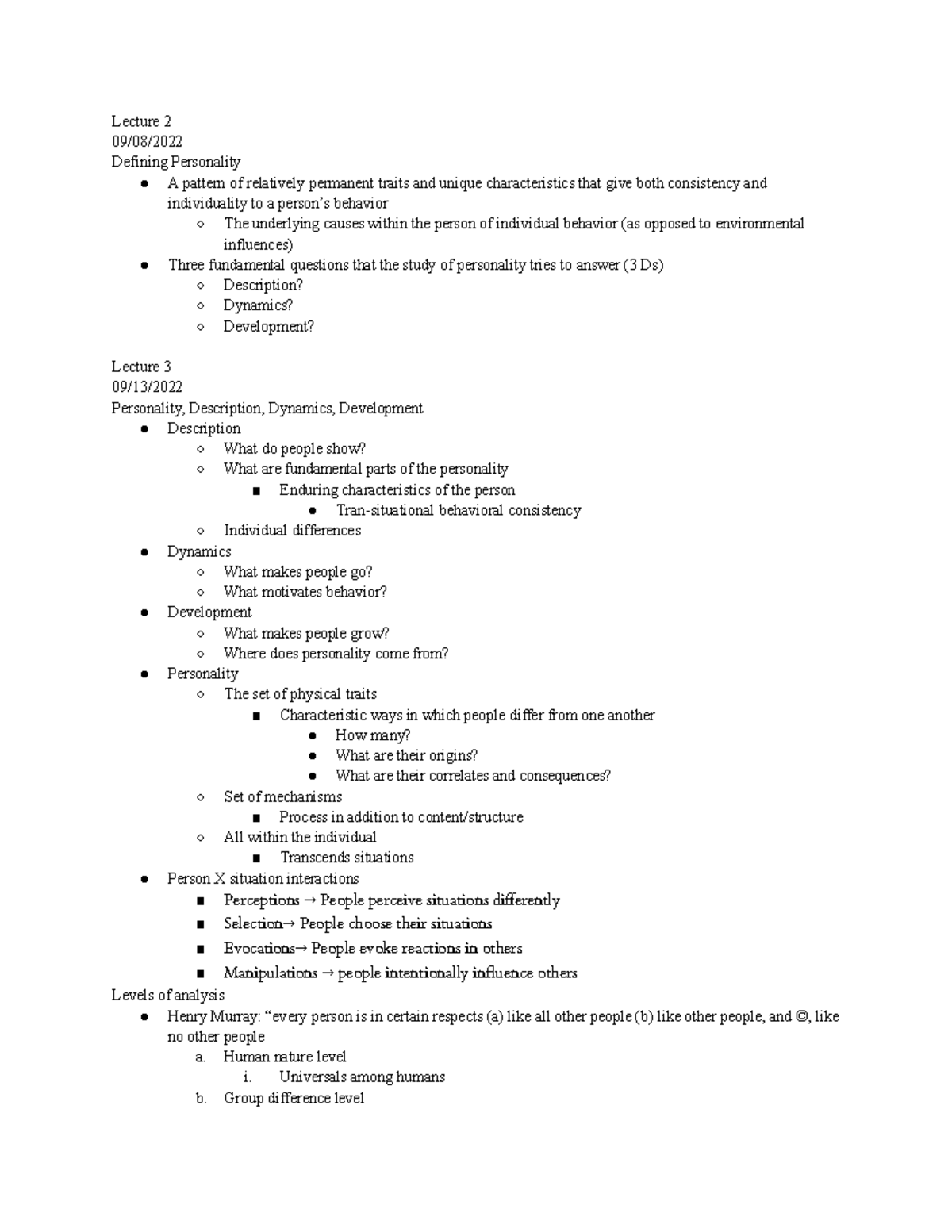 Exam 1 Notes - Personality - Lecture 2 09/08/ Defining Personality A ...