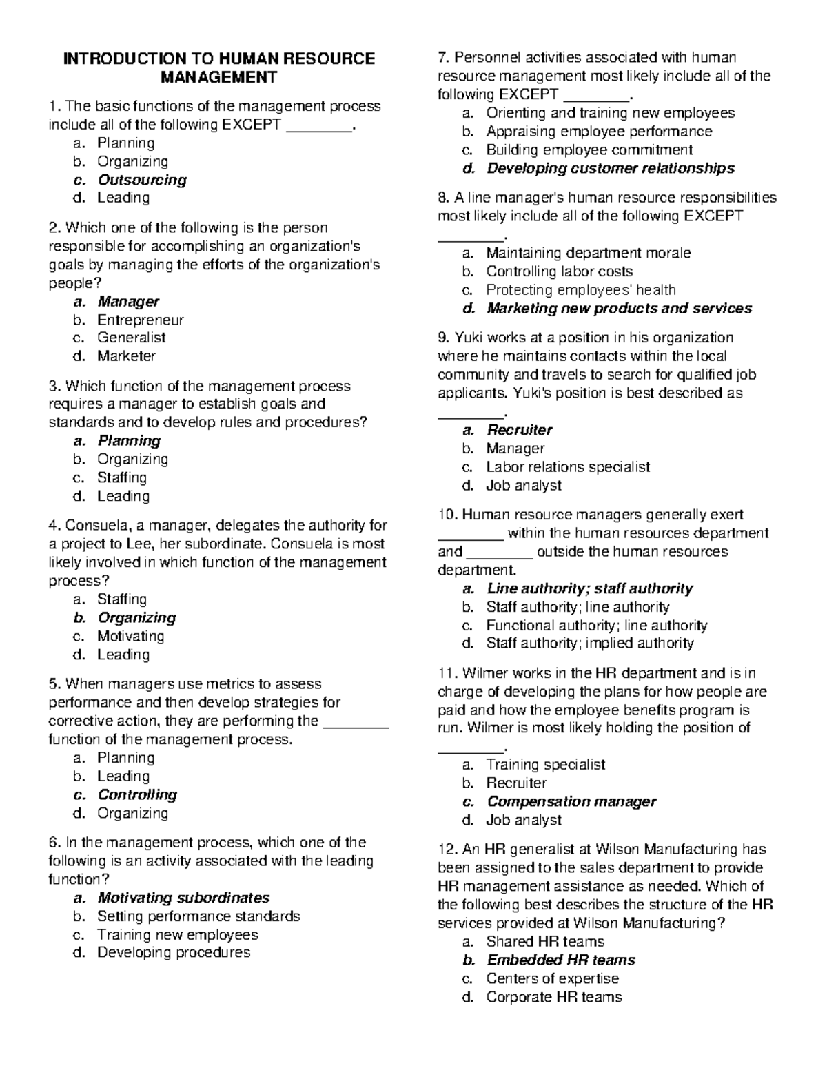 CHRA REVIEWER QUESTIONNAIRES - INTRODUCTION TO HUMAN RESOURCE ...