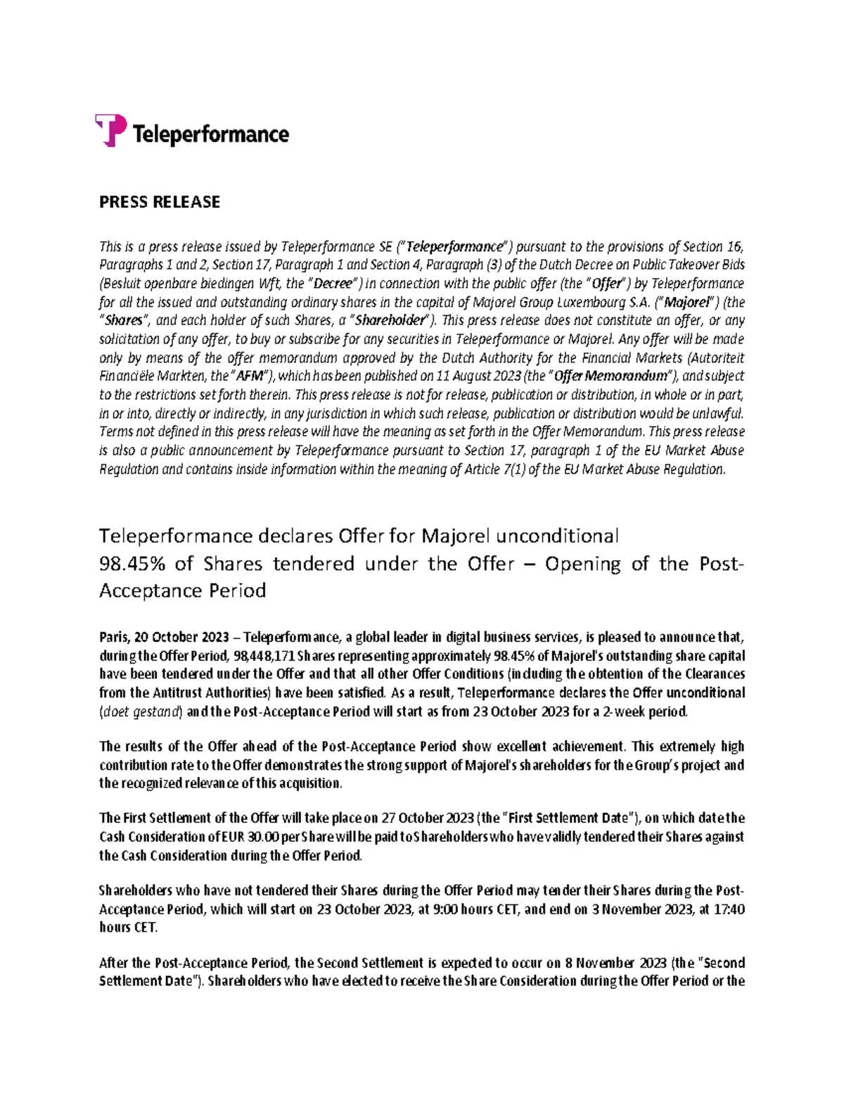 Teleperformance press release majorel offer unconditional ev def - PRESS RELEASE This is a press ...