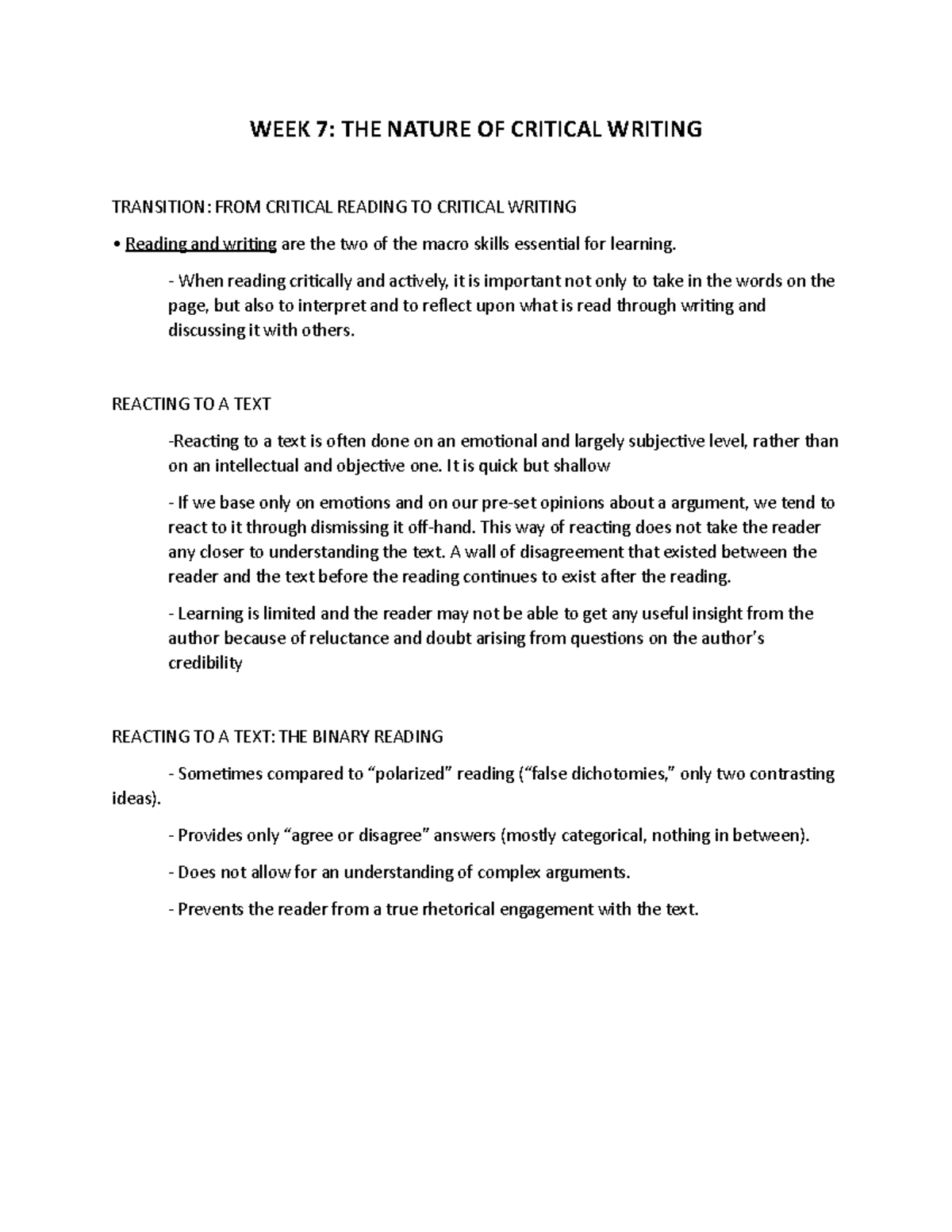 CRWT midterm reviewer - asd - WEEK 7: THE NATURE OF CRITICAL WRITING ...