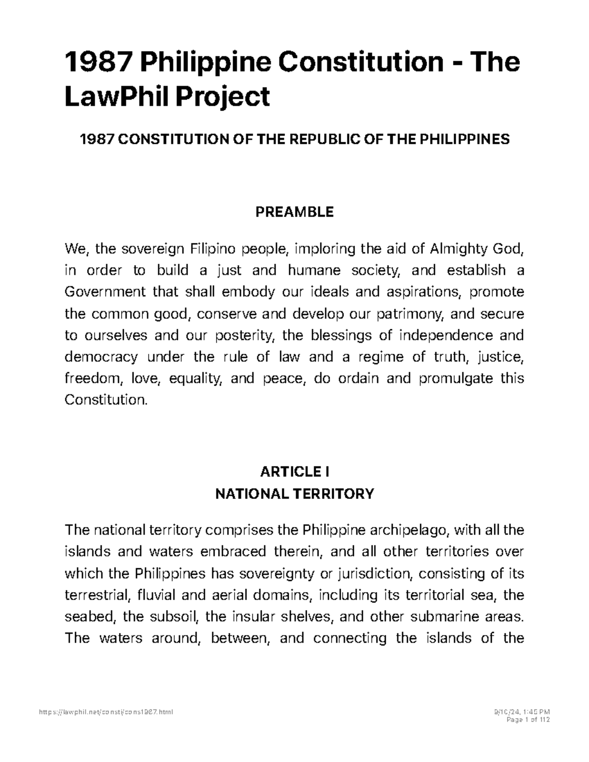 1987 Philippine Constitution - ARTICLE I NATIONAL TERRITORY The ...