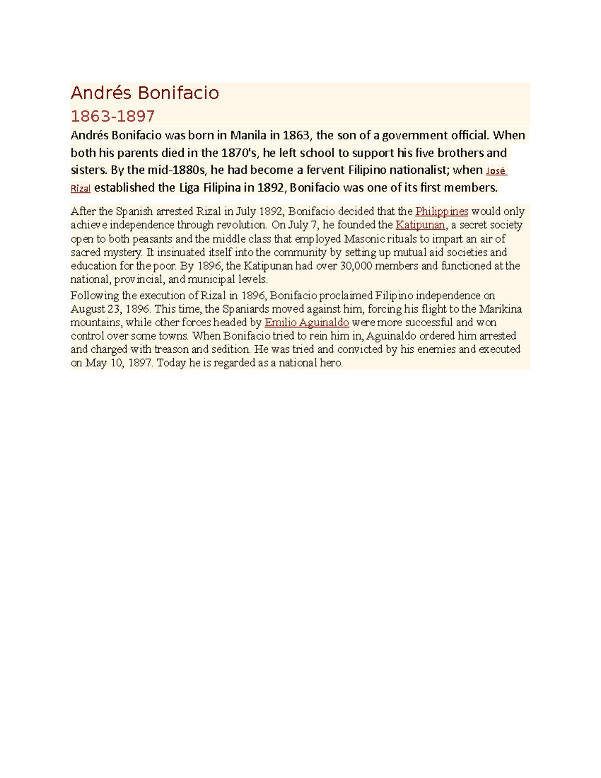 Andre bonifacio - Life rizal - Andrés Bonifacio 1863- Andrés Bonifacio ...