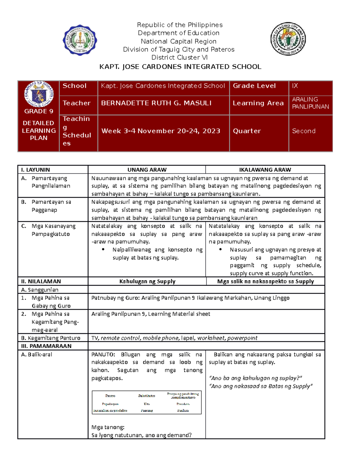 DLP AP Q2 W3 and W4 November 20 to 24 - Republic of the Philippines Department of Education ...