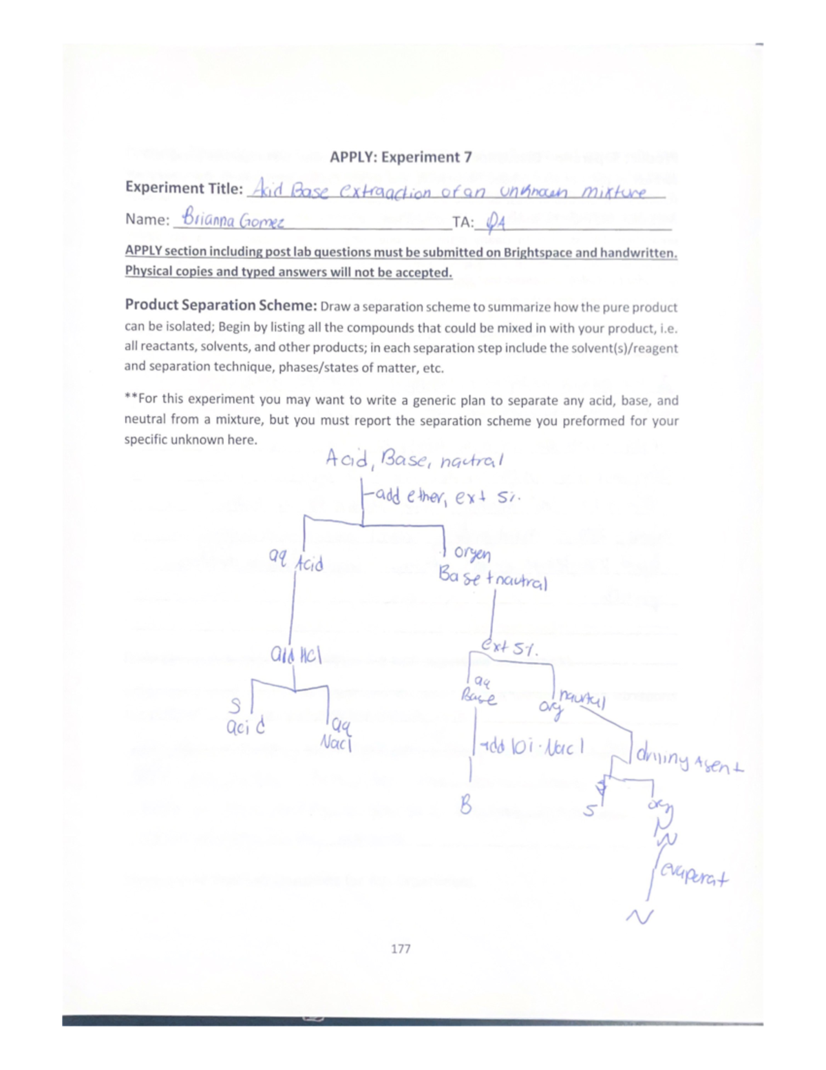 Apply Experiment 7 - APPLY: Experiment 7 Experiment Title: Acid Base extraaction of an unknown ...