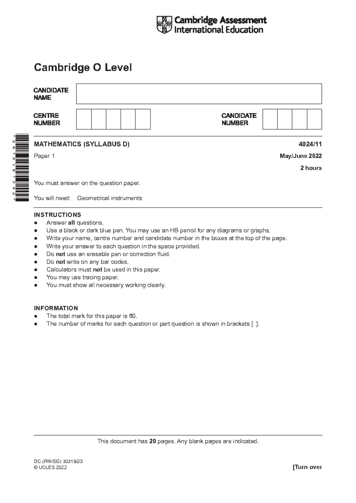 526141 june 2022 question paper 11 - This document has 20 pages. Any ...