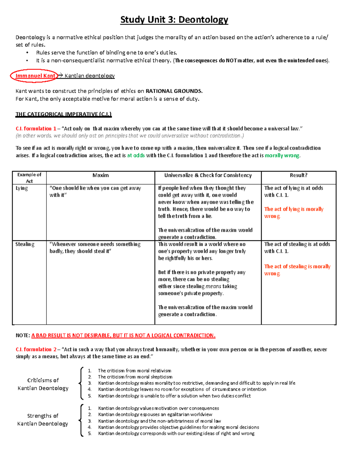 Summary Unit 3 - Study guide - Study Unit 3: Deontology Deontology is a ...
