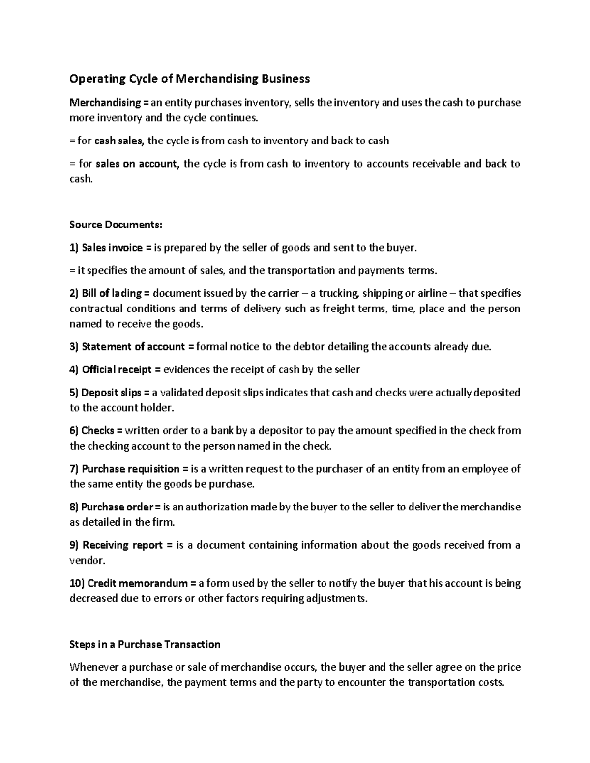 Operating Cycle of Merchandising Business - Operating Cycle of ...