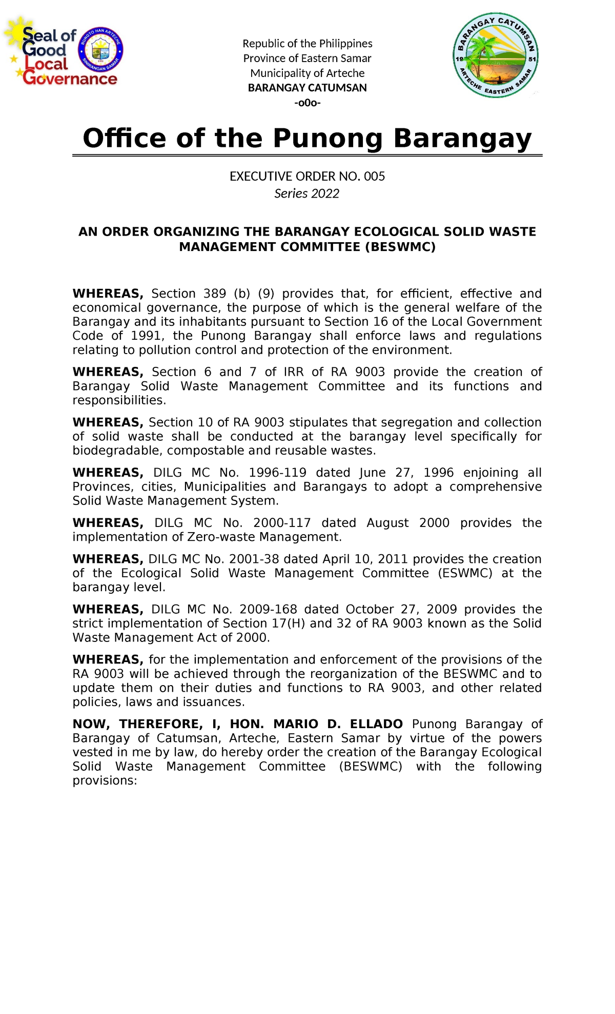 Beswmc E - Province of Eastern Samar Municipality of Arteche BARANGAY ...