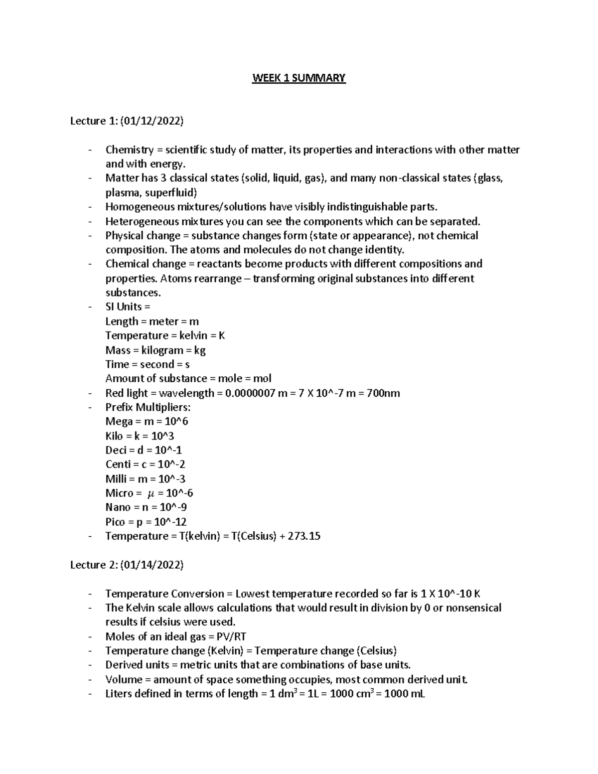 WEEK 1 Summary - Intro to Gen Chem - WEEK 1 SUMMARY Lecture 1: (01/12/2022) Chemistry ...