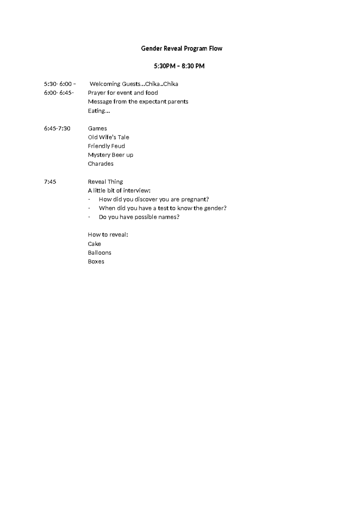 Gender Reveal Program Flow - Gender Reveal Program Flow 5:30PM – 8:30 ...