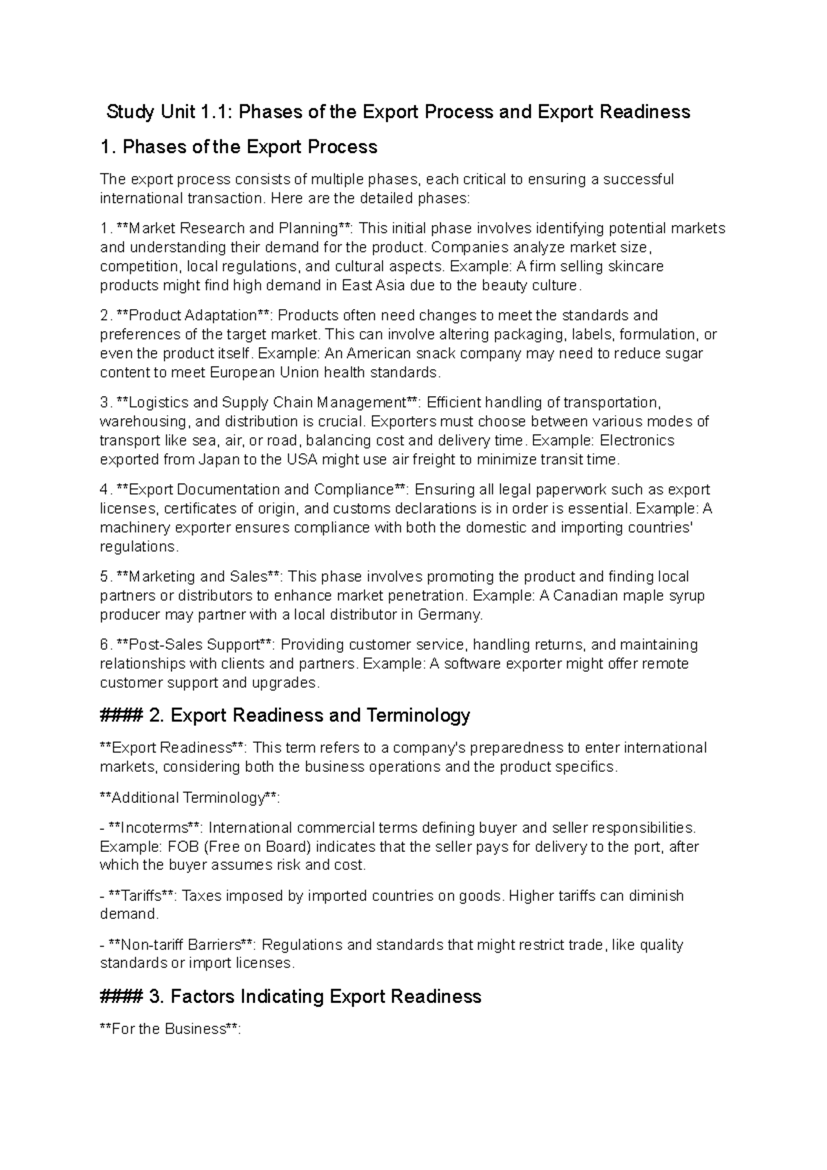 EKIP 222 Notes - Study Unit 1: Phases of the Export Process and Export ...