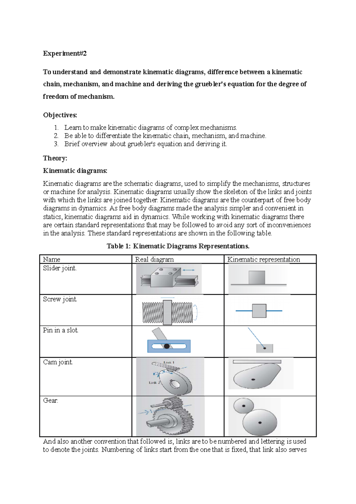 Kinematic Diagrams and Gruebler's Criterion - Experiment# To understand ...