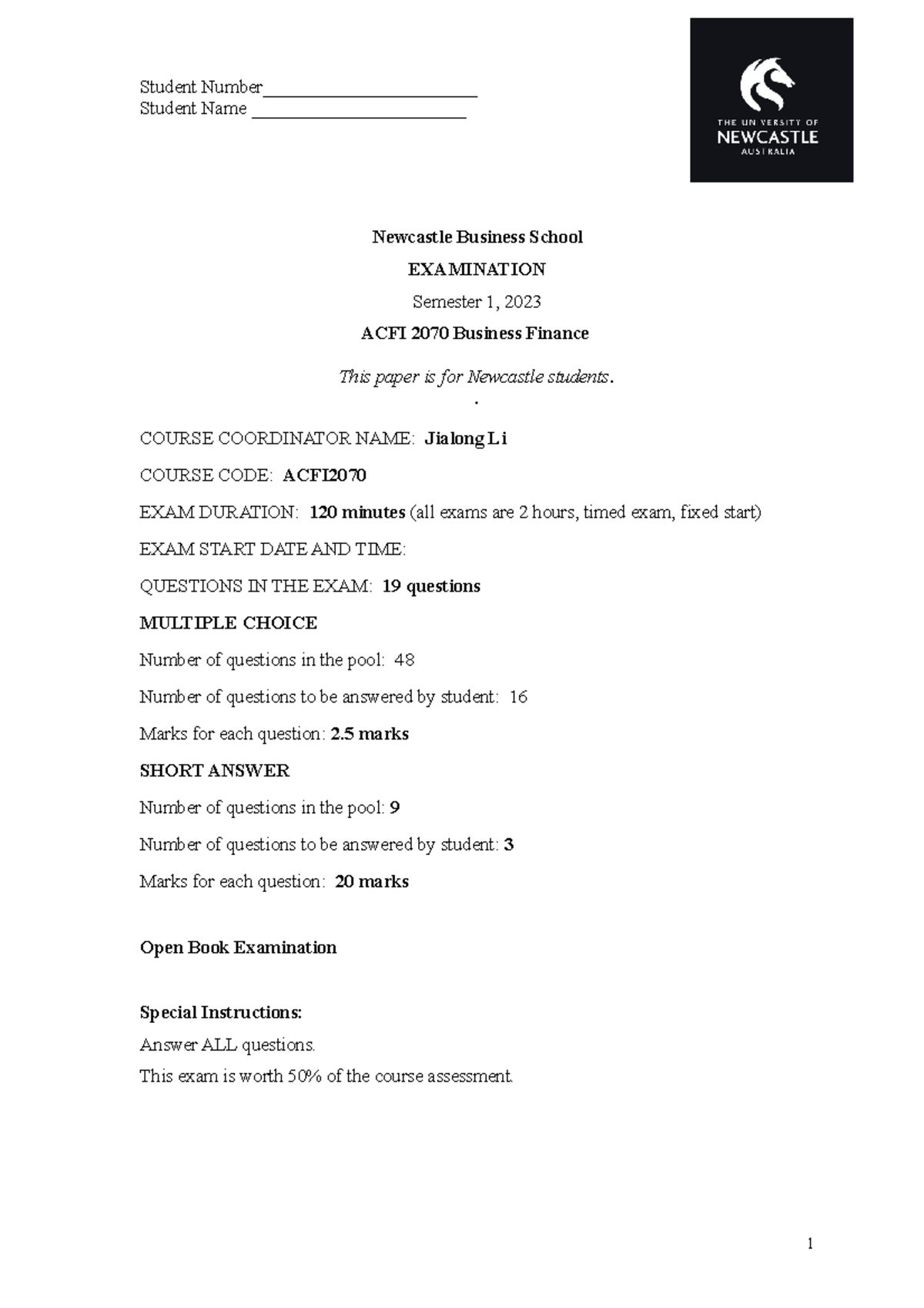 ACFI2070 practice final exam 2023S1-1 - Student Number ...