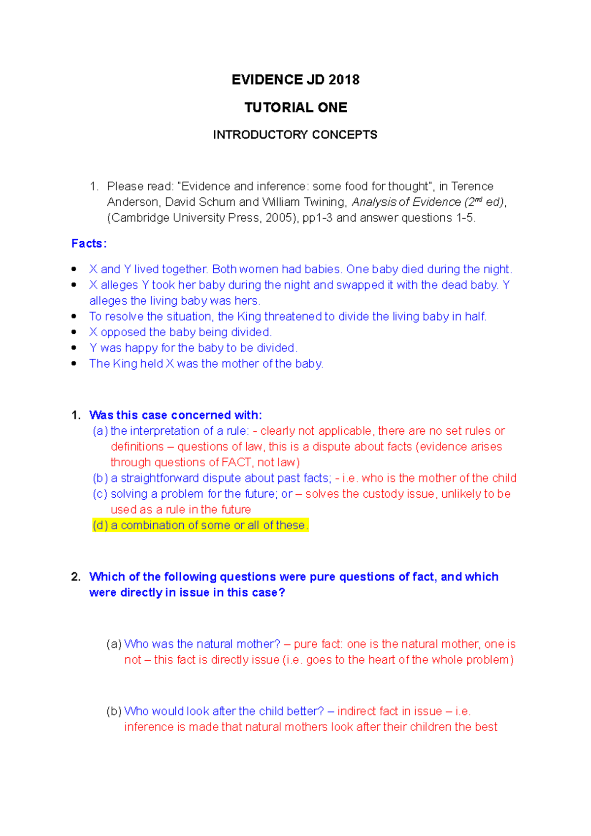 Evidence - Tutorial 1 - Introductory Concepts - EVIDENCE JD 2018 TUTORIAL ONE INTRODUCTORY ...