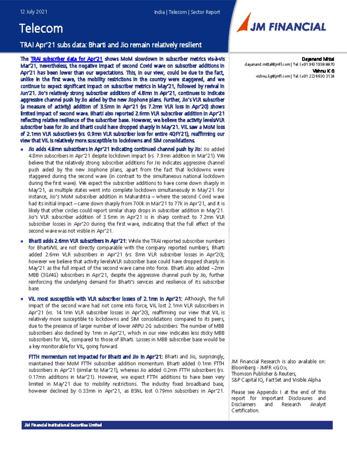 TRAI Apr'21 - India's telecommunication industry - JM Financial ...