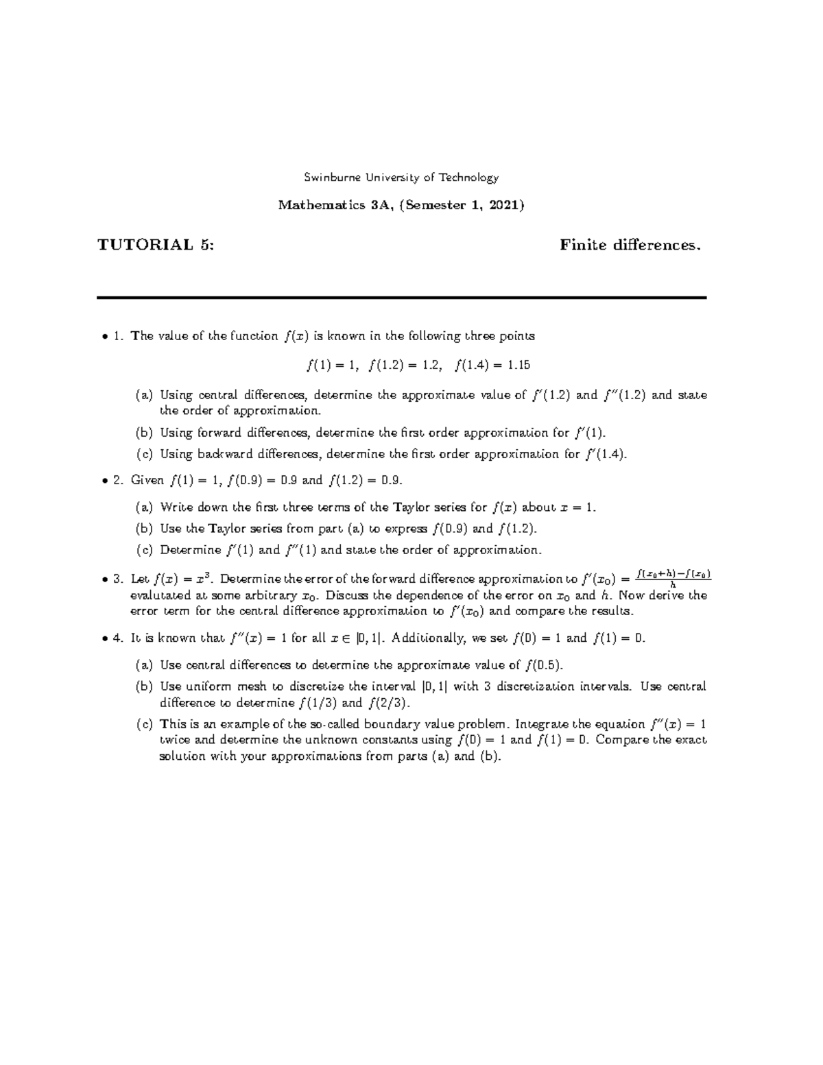 Tutorial Mathematics 3A (Semester 1) - MTH20010 - Swinburne - Studocu