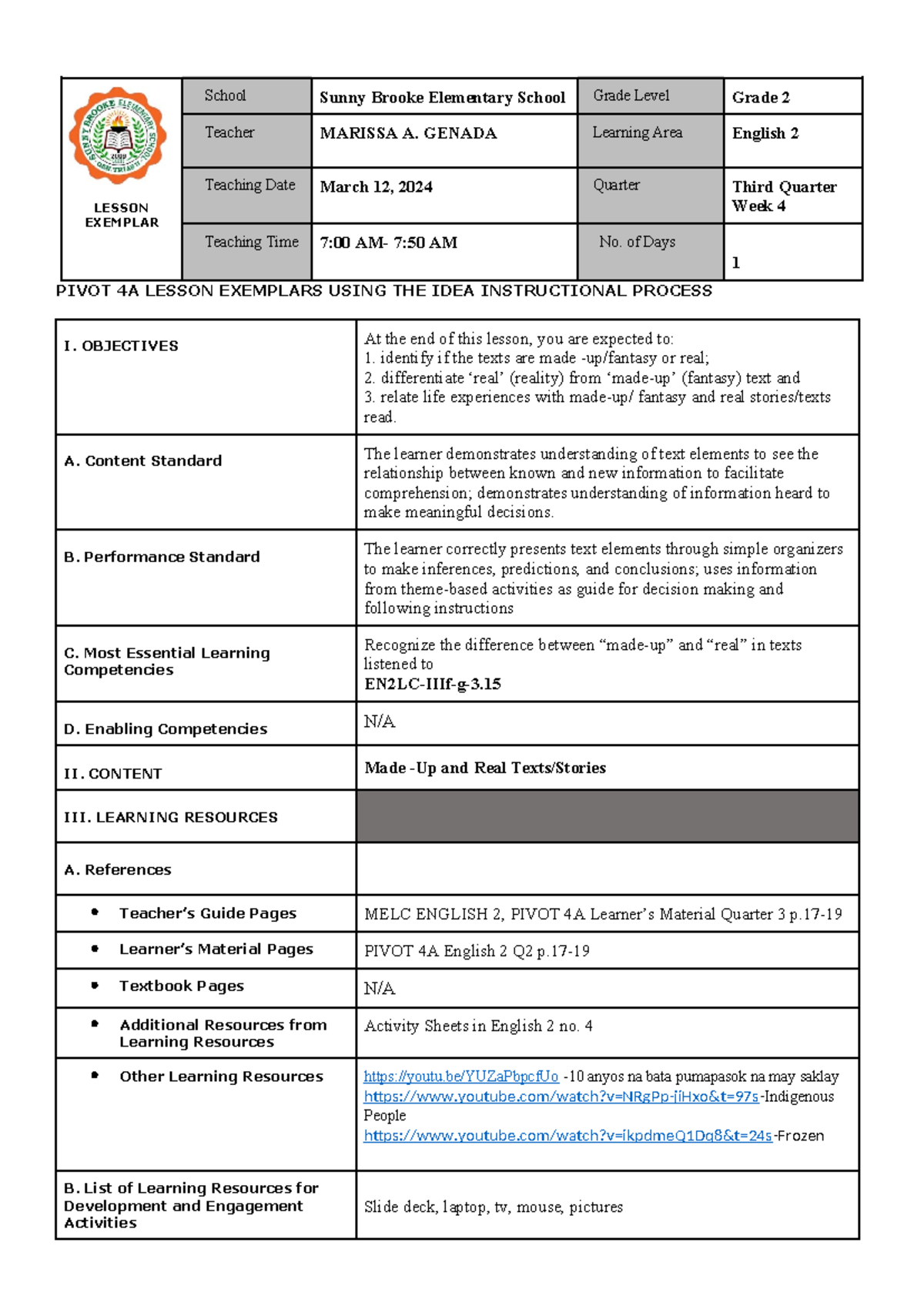 Q3- English 2(Real and Made up) - LESSON EXEMPLAR School Sunny Brooke ...