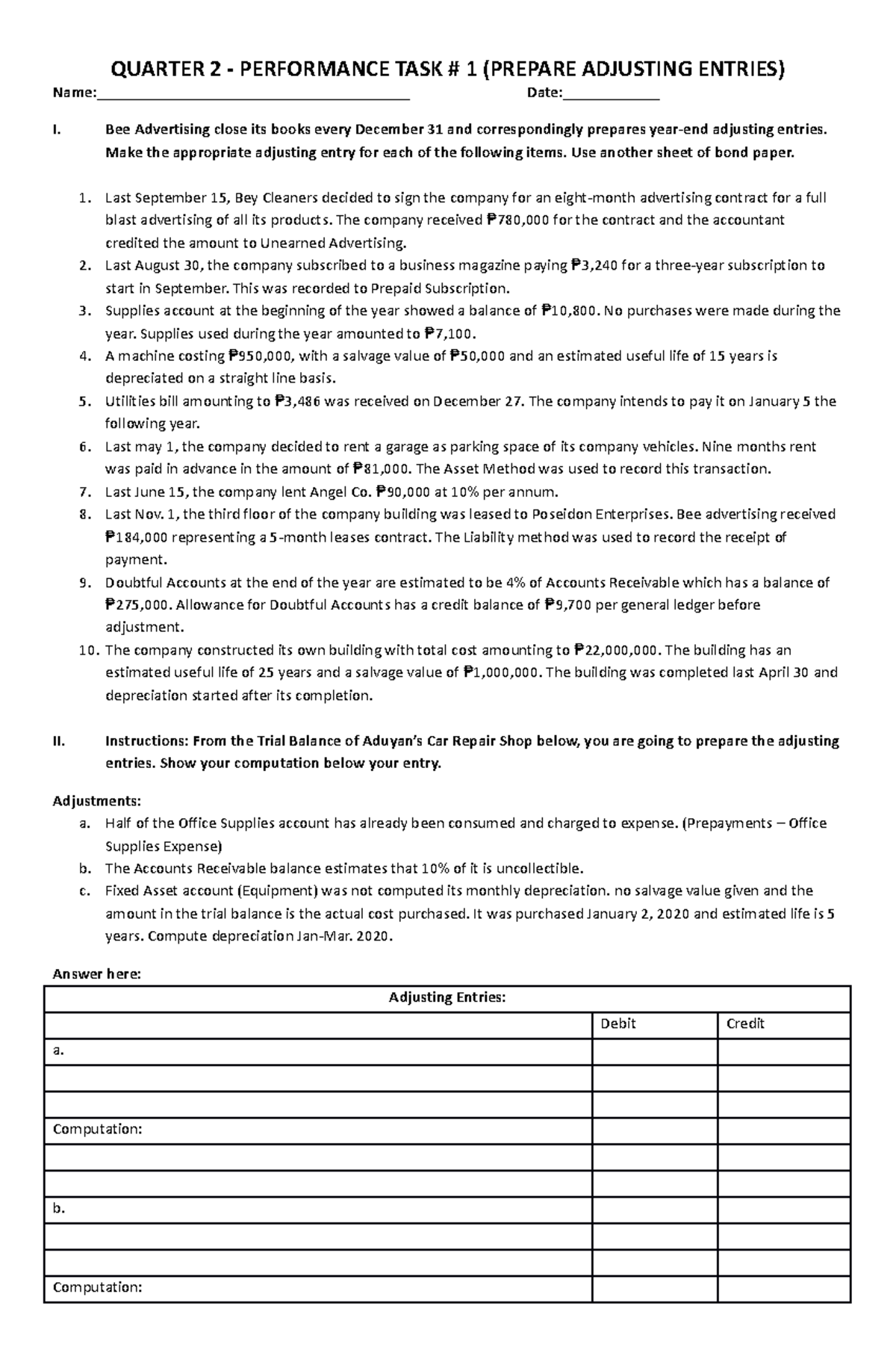 Q2 PT 1 Prepare Adjusting Entries - QUARTER 2 - PERFORMANCE TASK # 1 ...