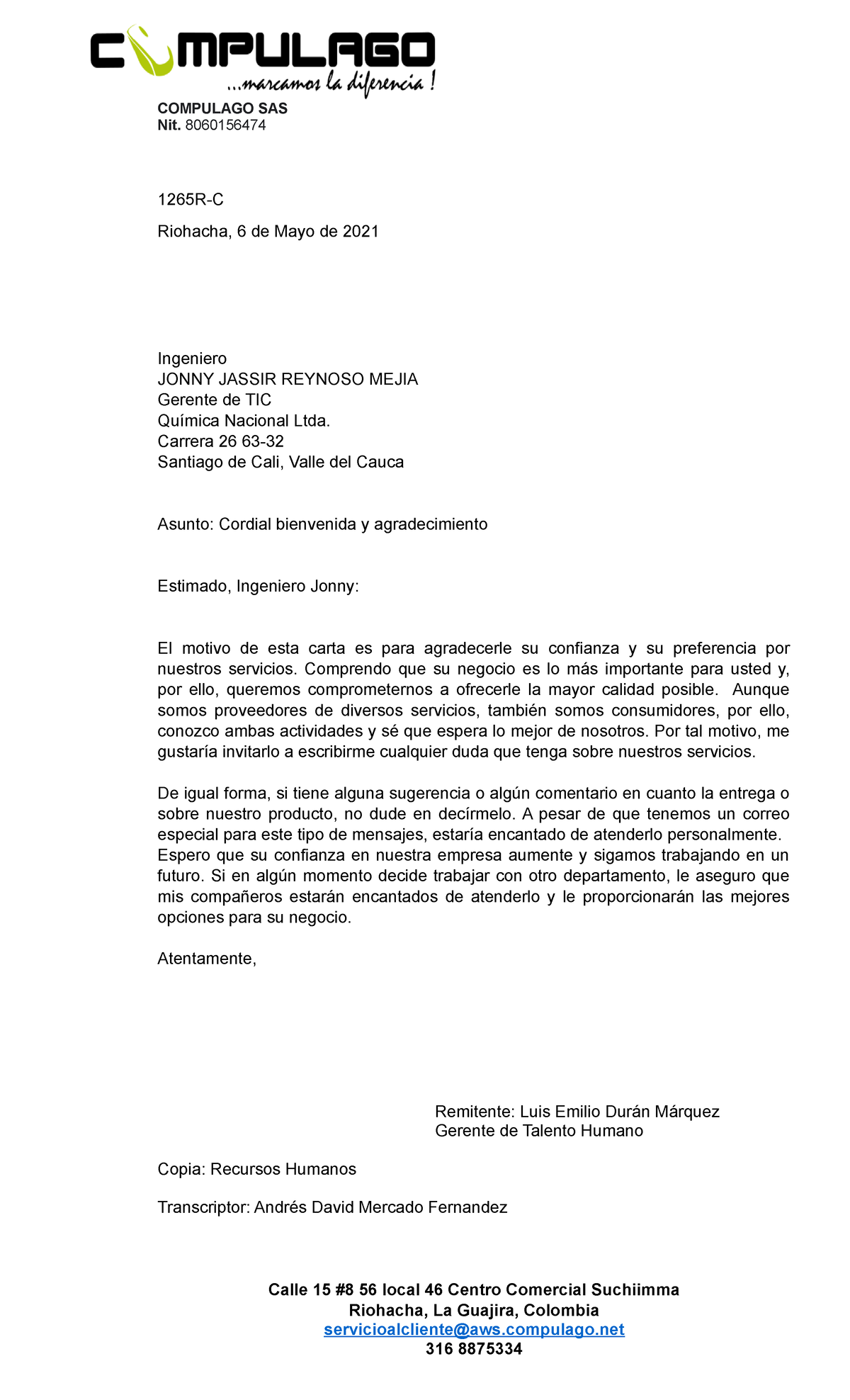 Carta TIPO Bloque Extremo - COMPULAGO SAS Nit. 8060156474 1265R-C ...