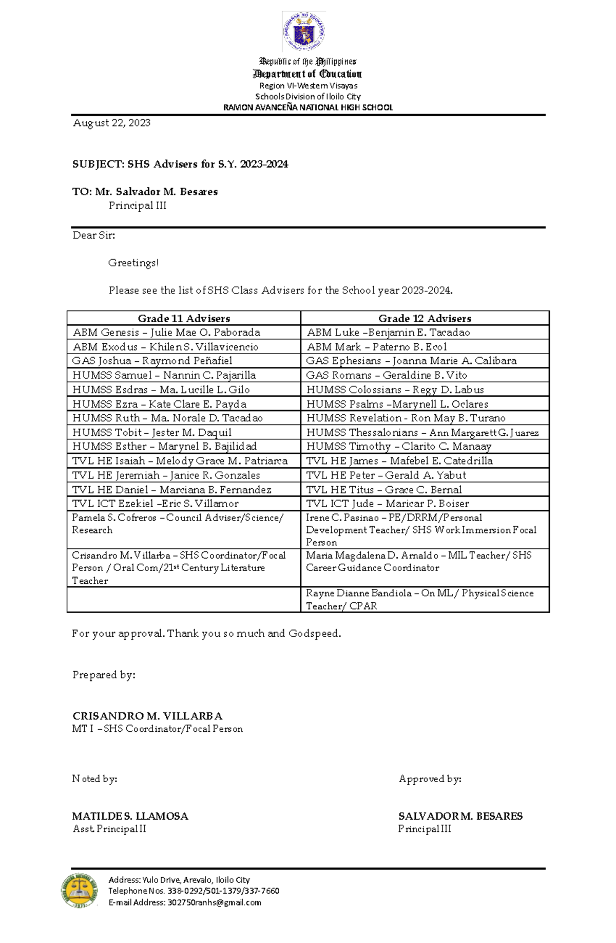 Letter of Class Advisers and Teachers' Load - Department of Education ...