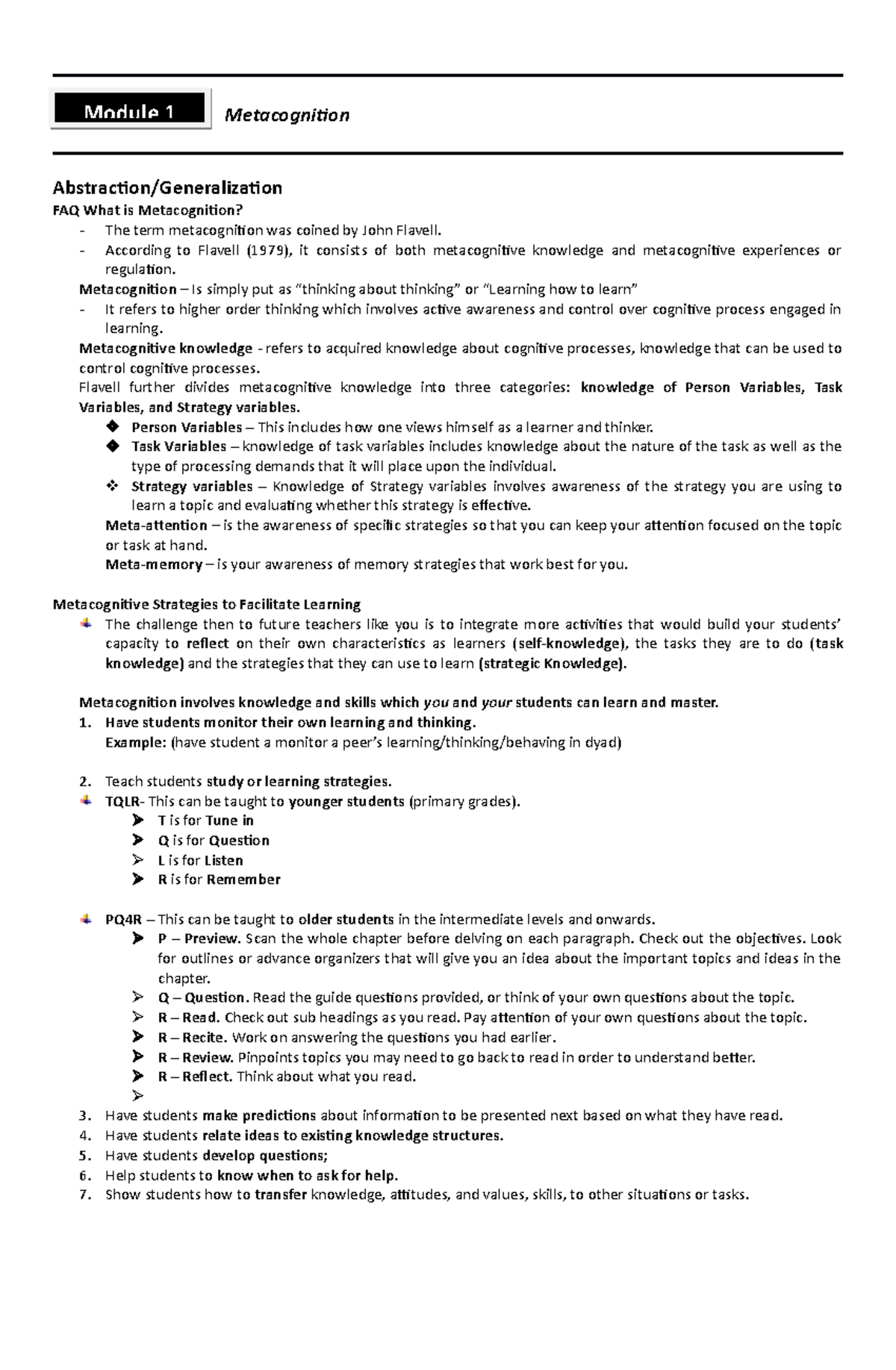 EL115 Metacognition Module 1 - Metacognition Abstraction/Generalization ...