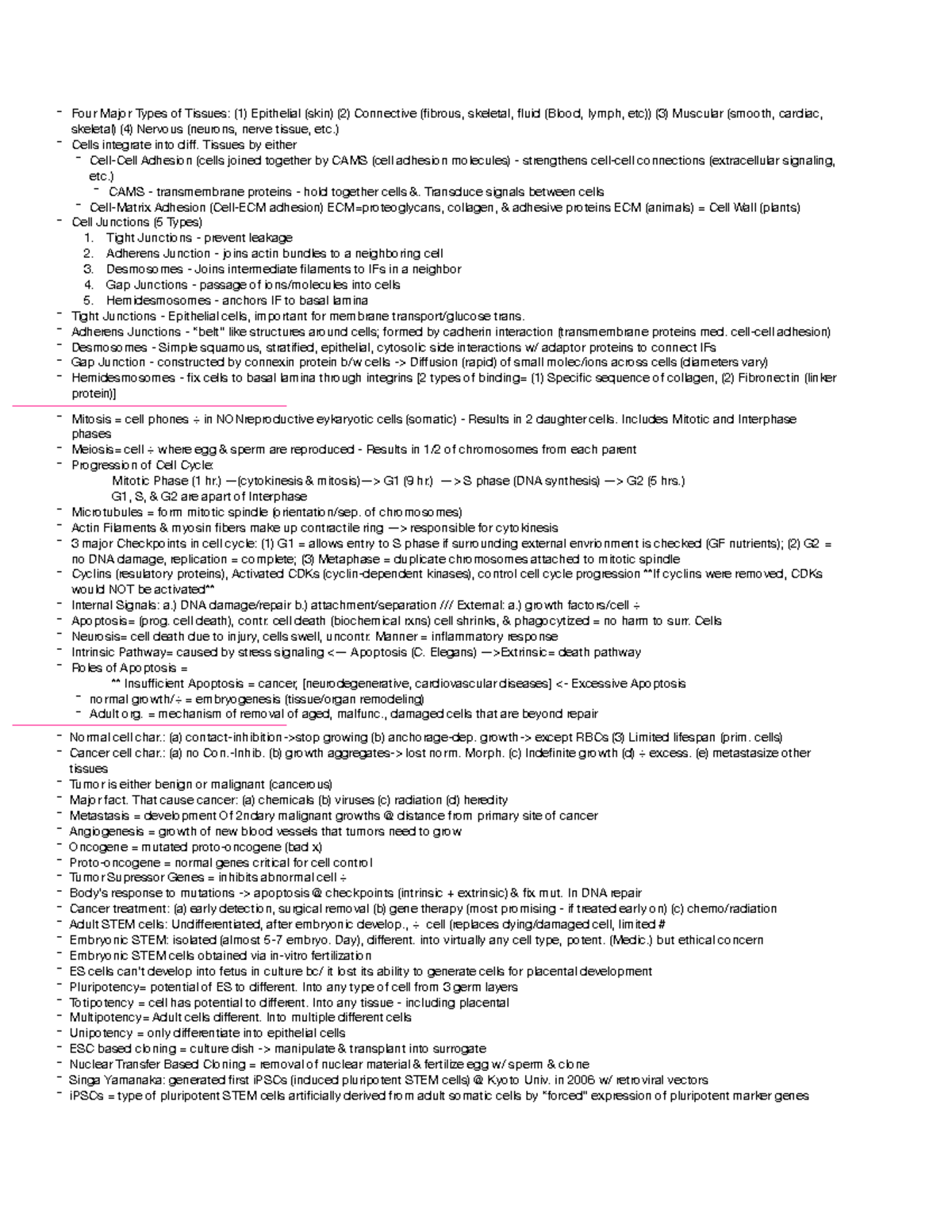 Cell Bio Final Cheat Sheet - Four Major Types of Tissues: (1 ...