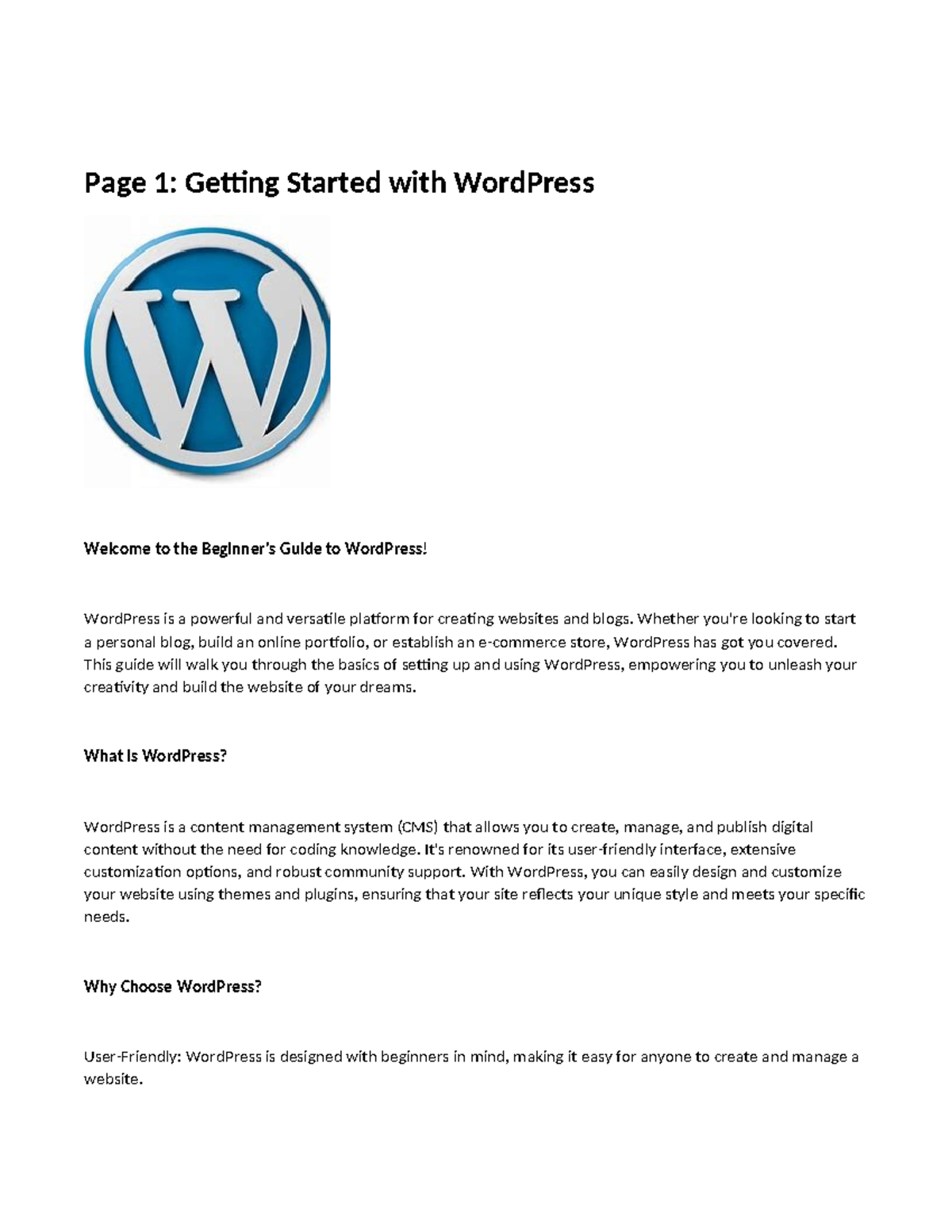 guide for wordpress website developmebt -1st page - Page 1: Getting ...