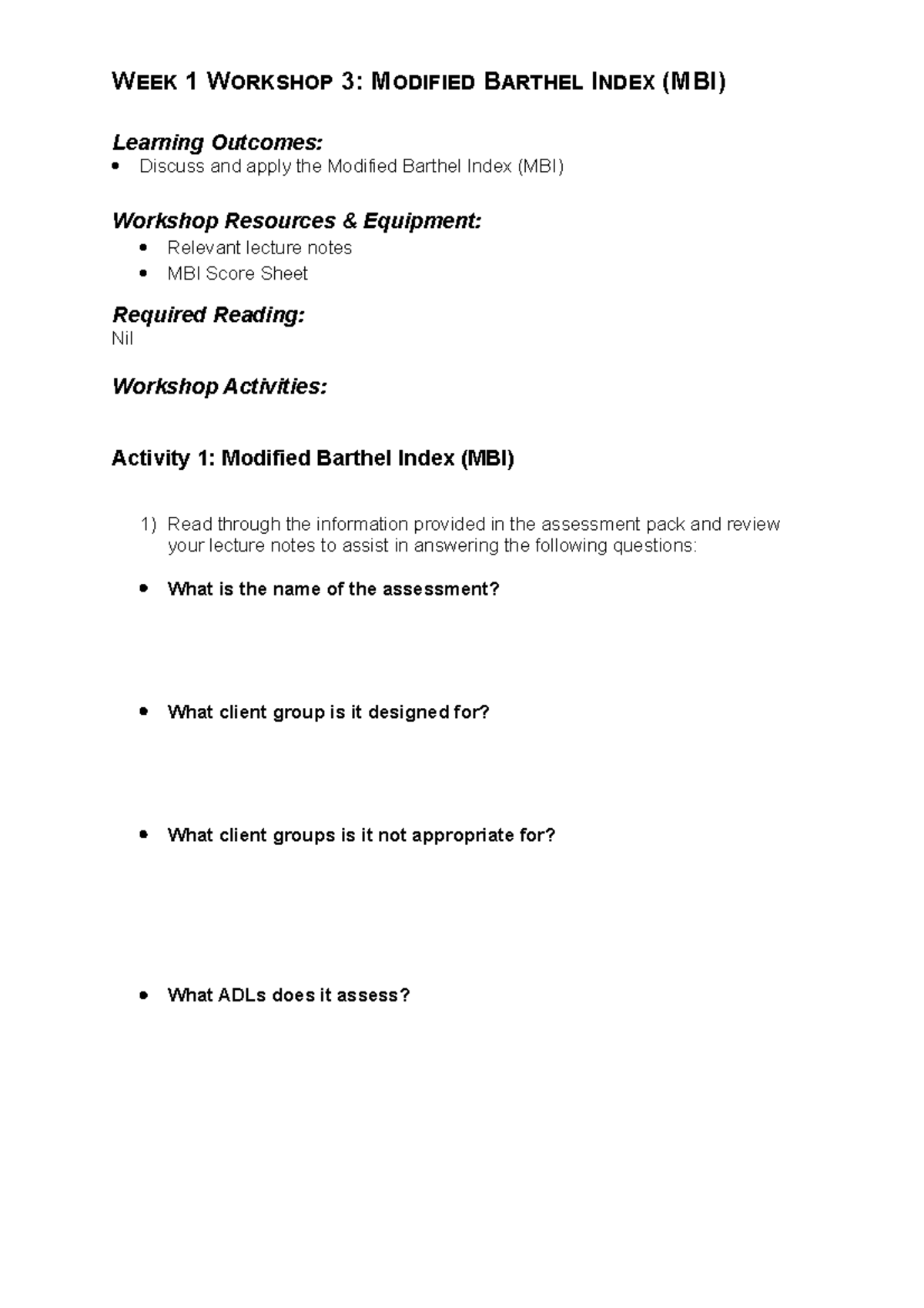 Modified Barthel Index Student Worksheet - WEEK 1 WORKSHOP 3: MODIFIED ...