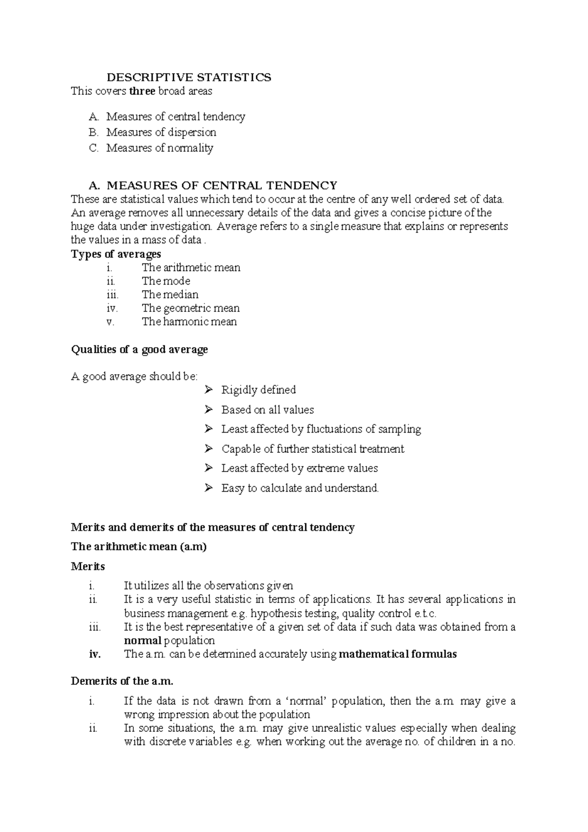 Descriptive Statistics notes - DESCRIPTIVE STATISTICS This covers three ...