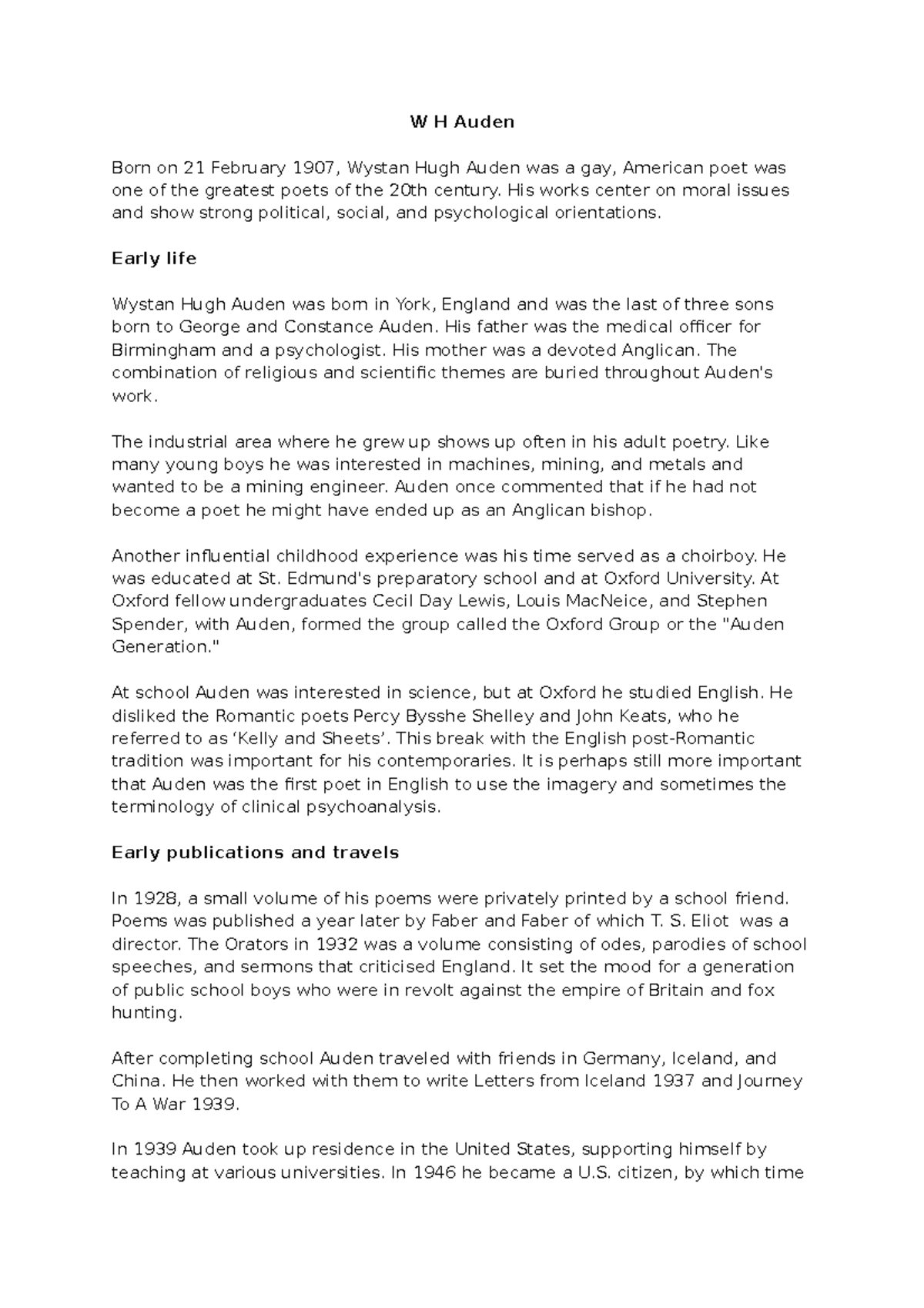 W H Auden research - W H Auden Born on 21 February 1907, Wystan Hugh ...