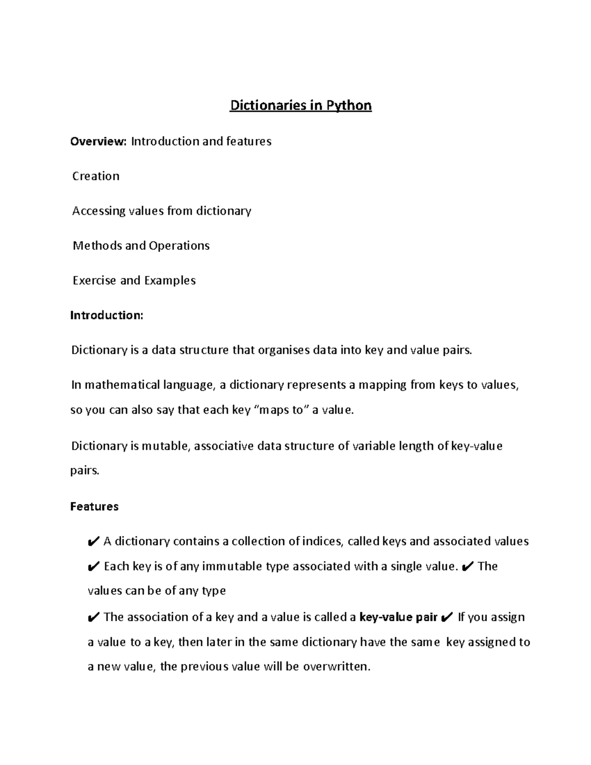 Dictionary unit 2 part 1 - Dictionaries in Python Overview: Introduction and features Creation ...