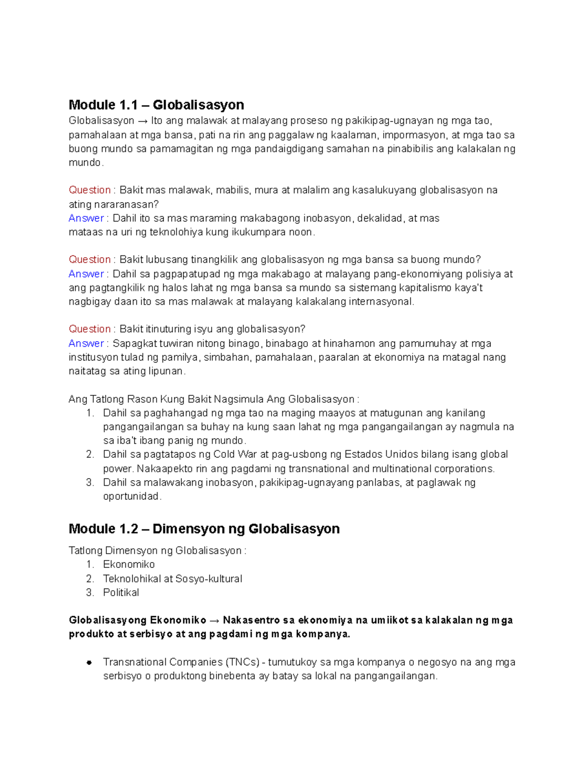 AP - AP REVIEWER 2ND QUARTER - Module 1 – Globalisasyon Globalisasyon → ...