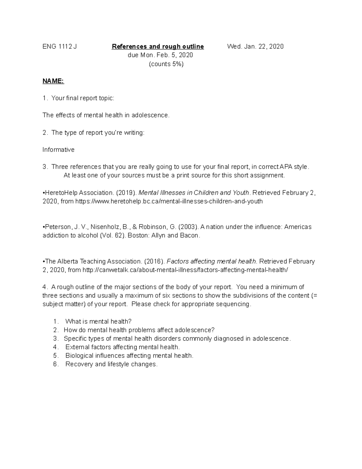 ENG 1112 J References and rough outline - Jan. 22, 2020 due Mon. Feb. 5 ...