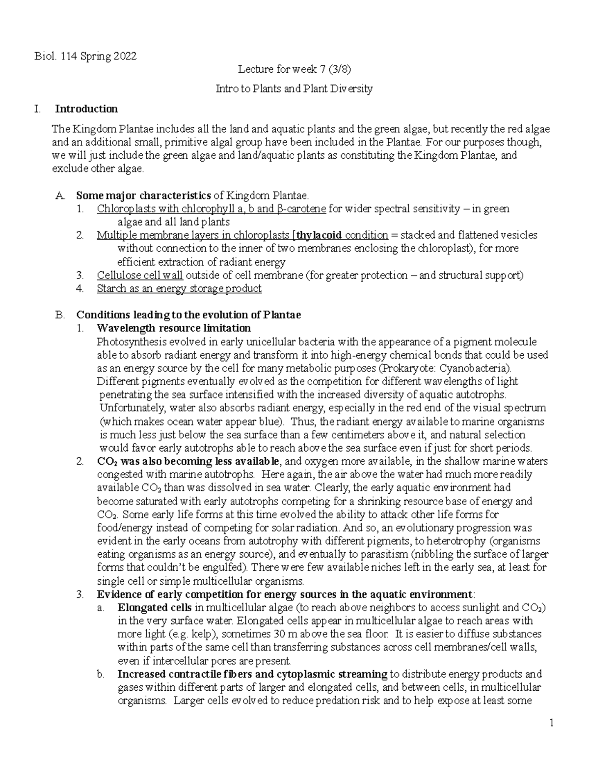 Intro to Plants and Plant Diversity Part 2 - Biol. 114 Spring 2022 Lecture for week 7 (3/8 ...