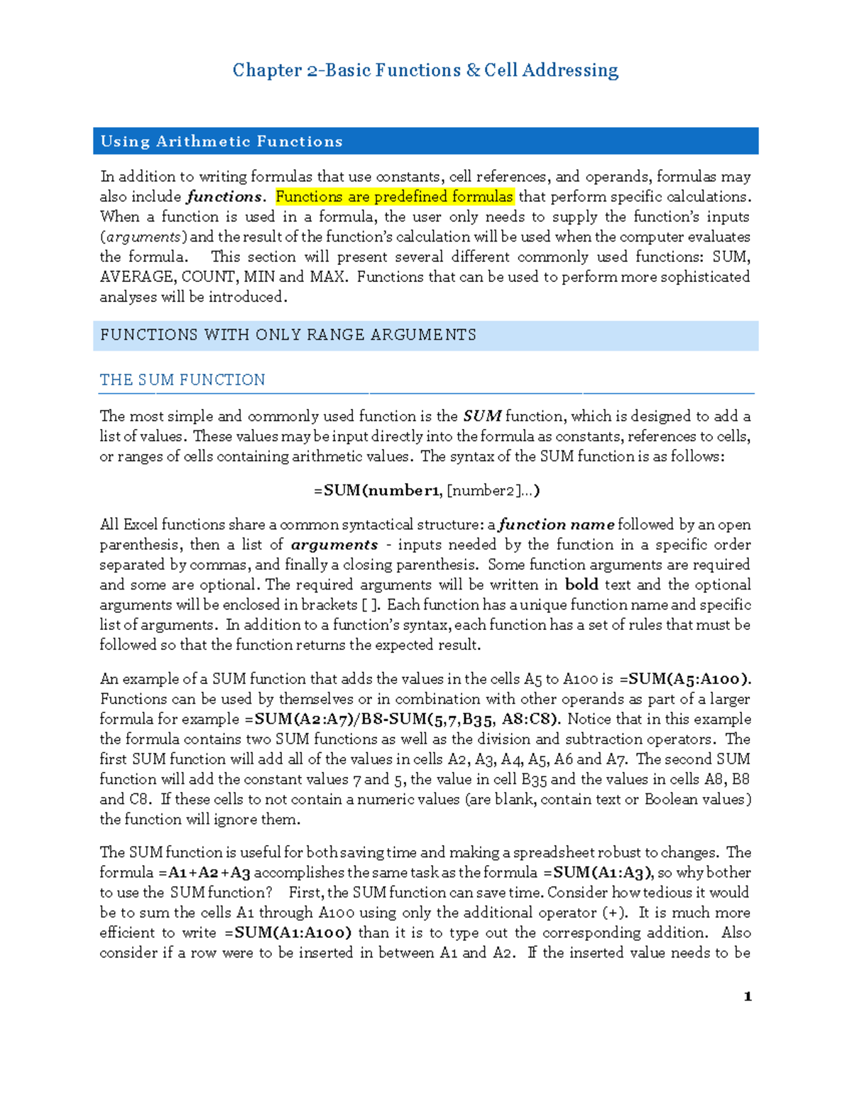Chapter 2 Basic Functions and Cell Addressing-1 - Using Ar ithmetic Functions In addition to ...