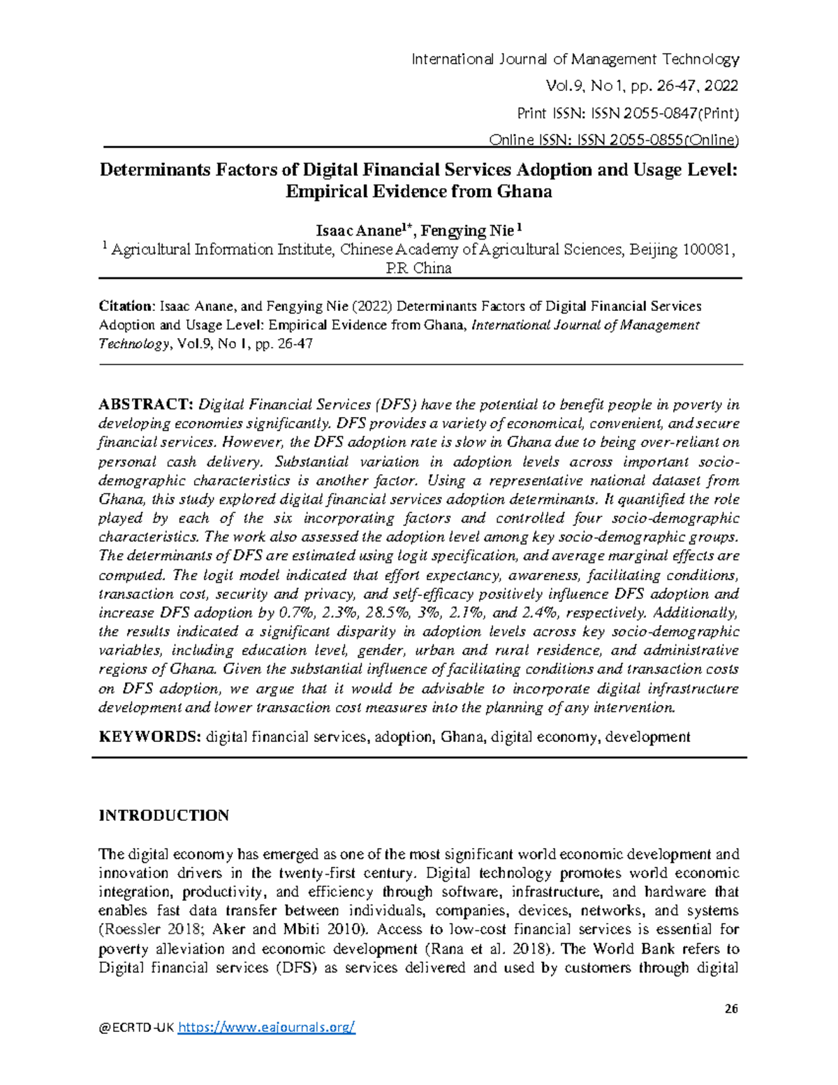 Determinants Factors of Digital Financial Services Adoption and Usage ...