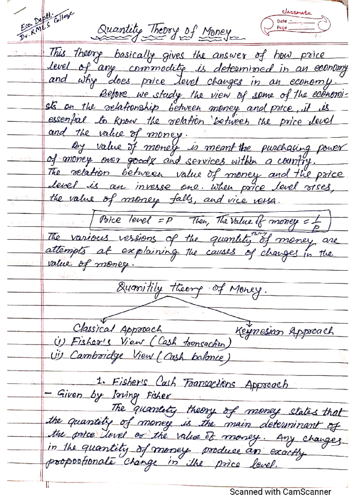 Quantity theory of money Fishers Approach - money and banking - Studocu