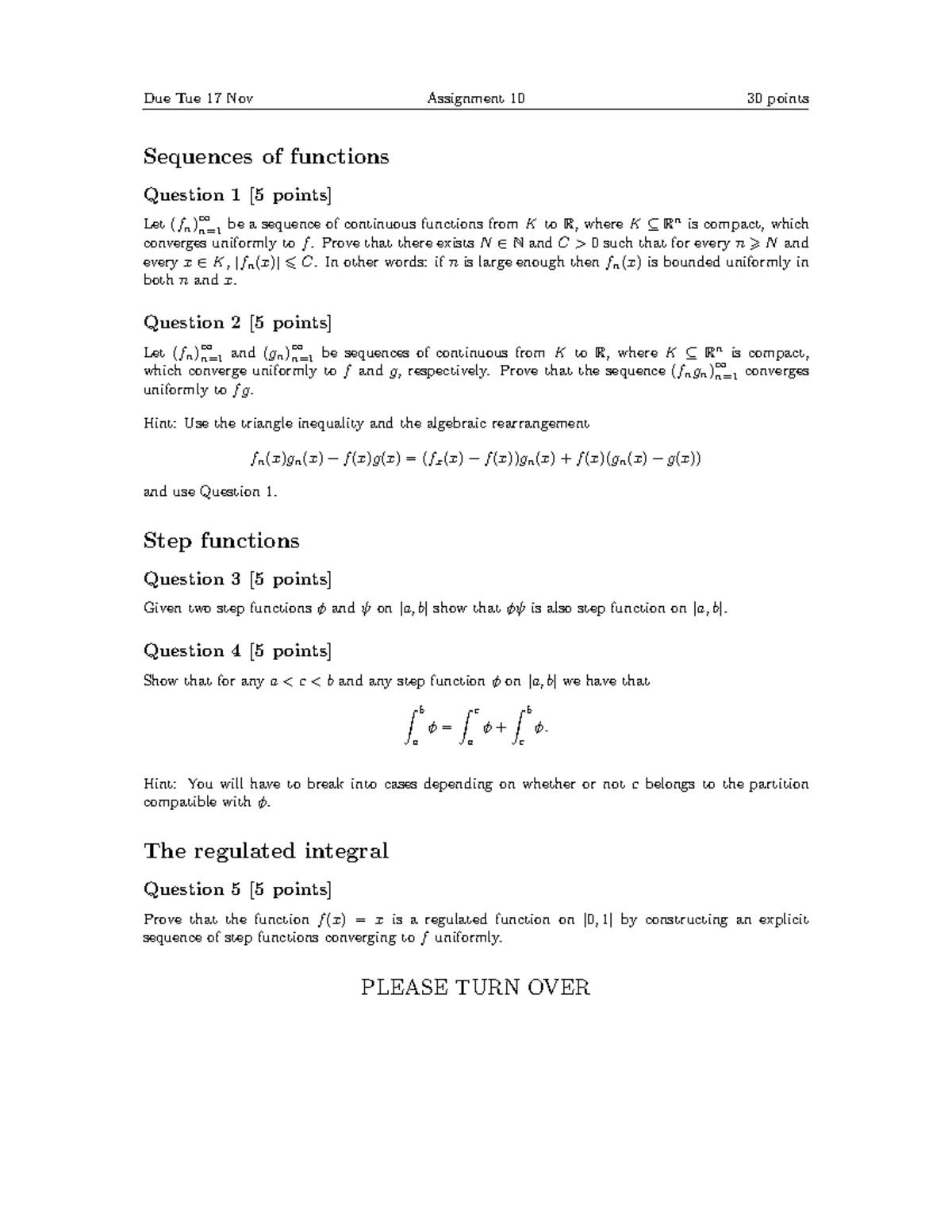MATH421 F20 assignment 10 - Due Tue 17 Nov Assignment 10 30 points Sequences of functions ...