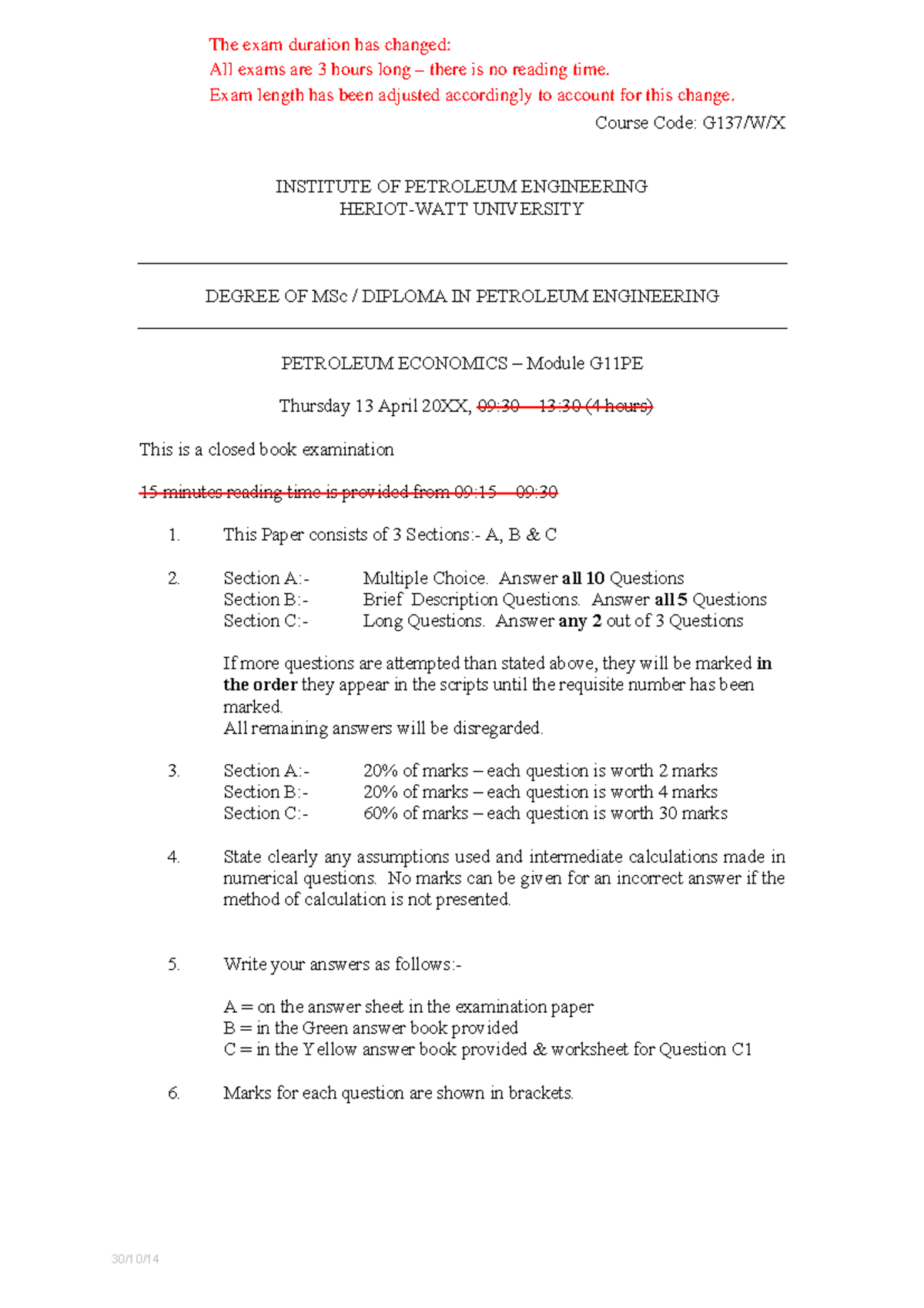 Sample Exam with Answers - Course Code: G137/W/X INSTITUTE OF PETROLEUM ...