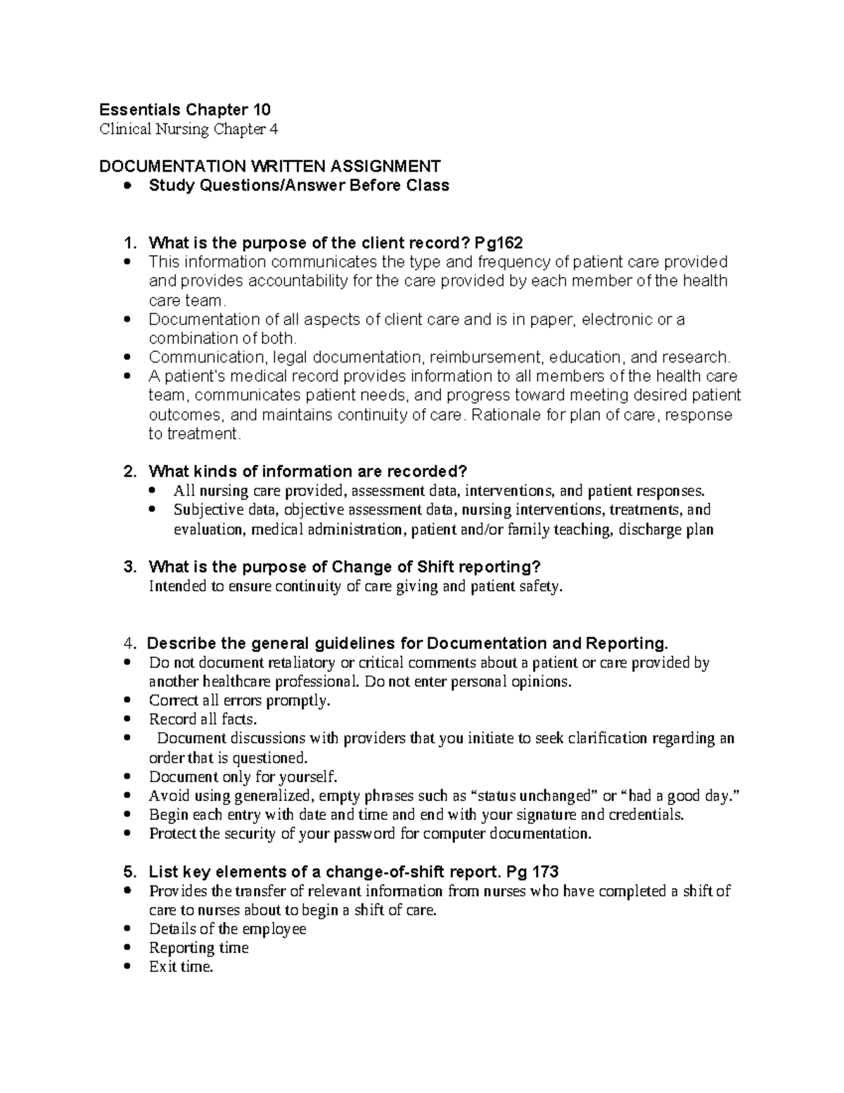 Documentation Homework - Essentials Chapter 10 Clinical Nursing Chapter 4 DOCUMENTATION WRITTEN ...