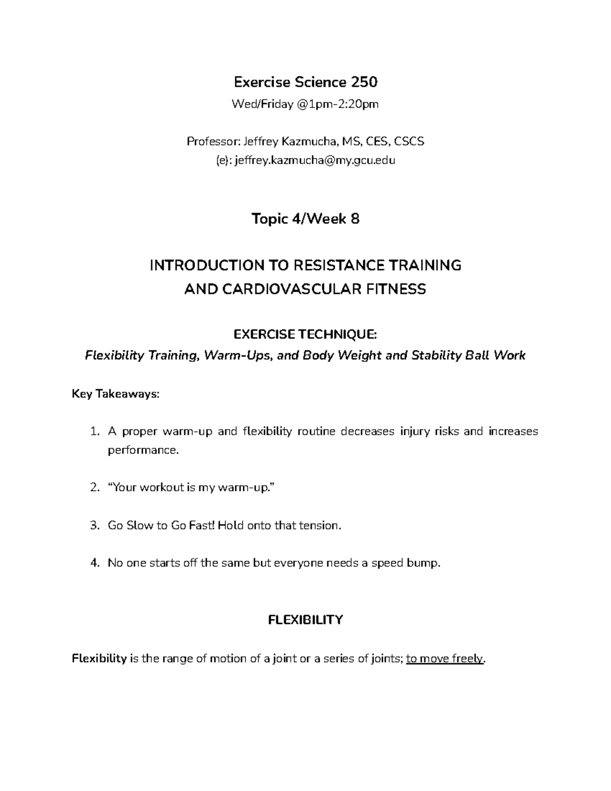 250 W8 - Summary Resistance Training and Cardiovascular Fitness - Exercise Science 250 Wed ...