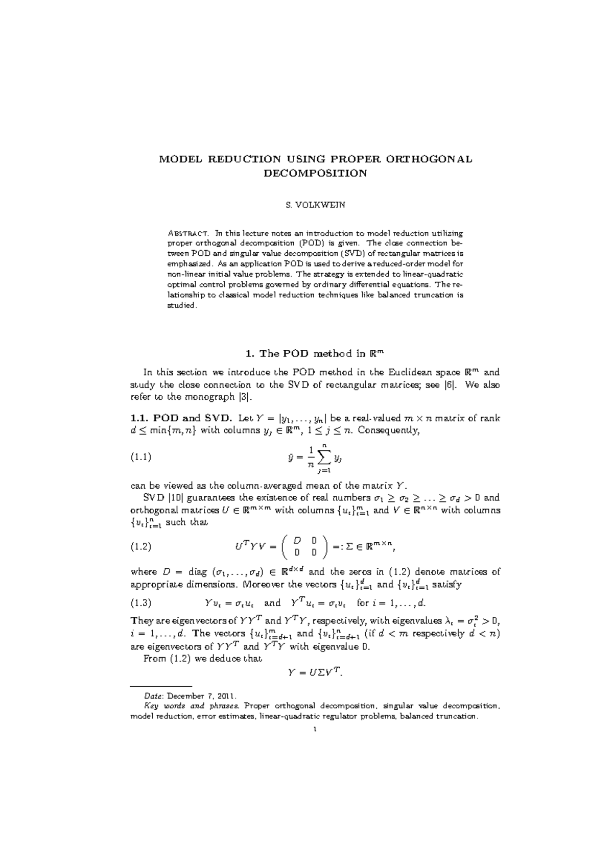 POD-Vorlesung - Vorlesungsnotizen 1-24 - MODEL REDUCTION USING PROPER ...