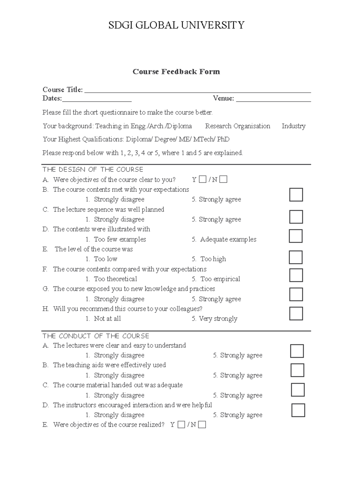 Course Feedback Form - SDGI GLOBAL UNIVERSITY Course Feedback Form ...