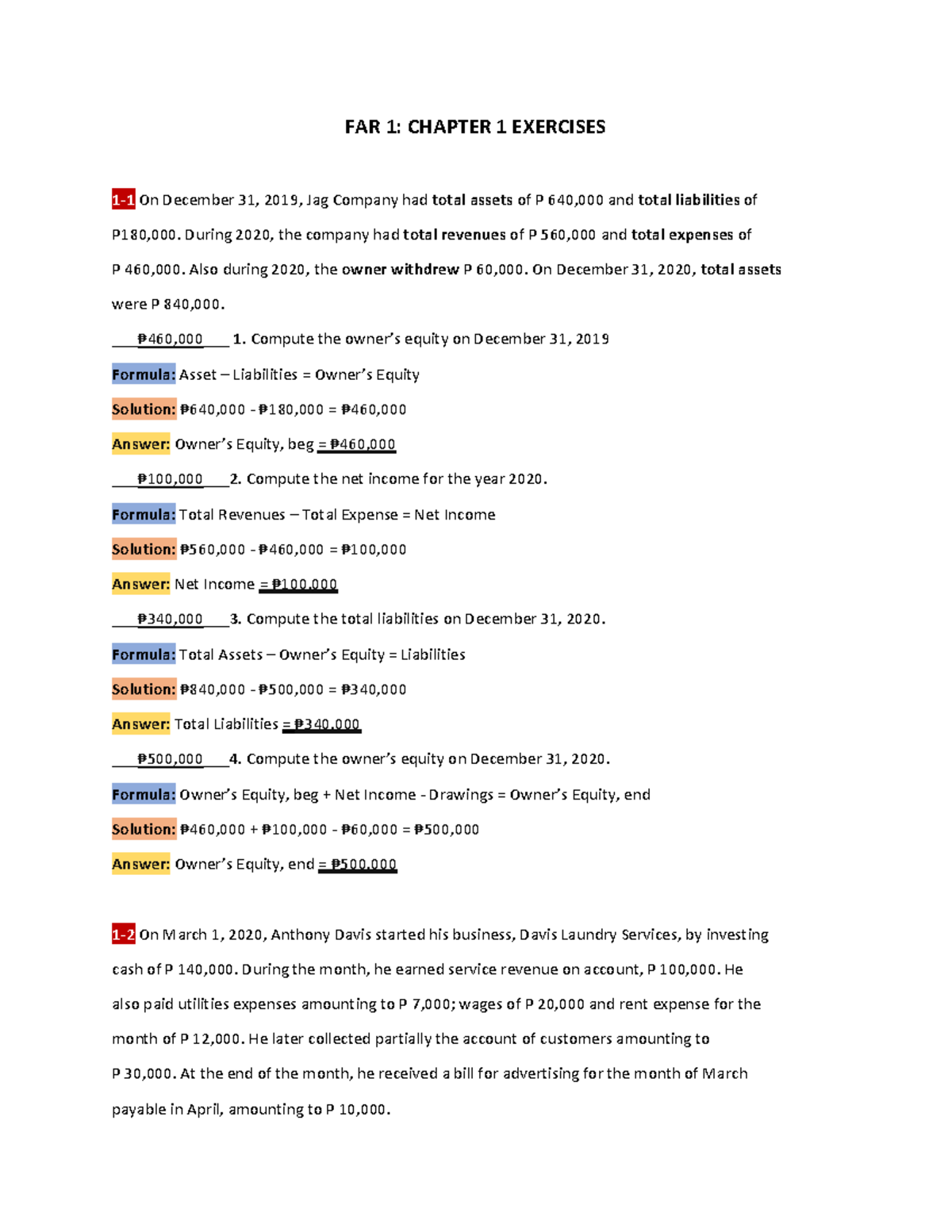 FAR1 Chap 1 Exercises Answer Key - FAR 1: CHAPTER 1 EXERCISES 1-1 On ...