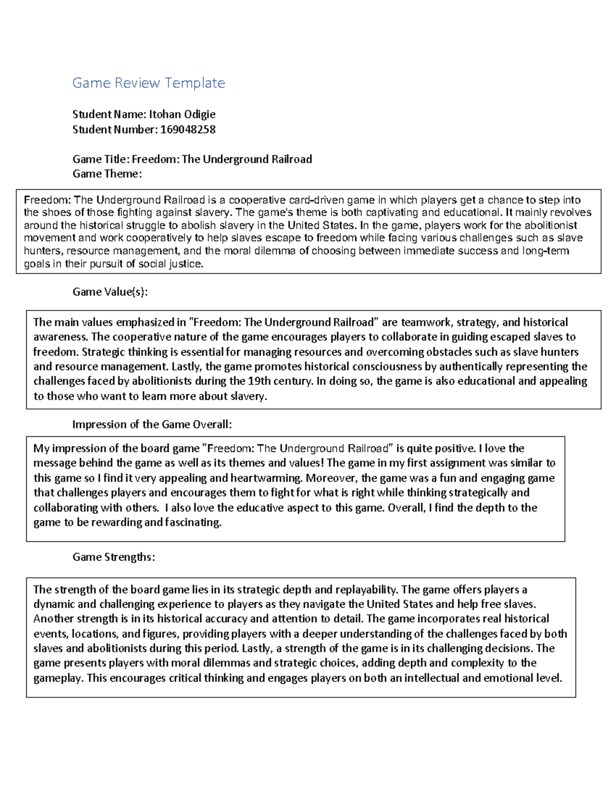 Game Review The Underground Railroad - Game Review Template Student ...