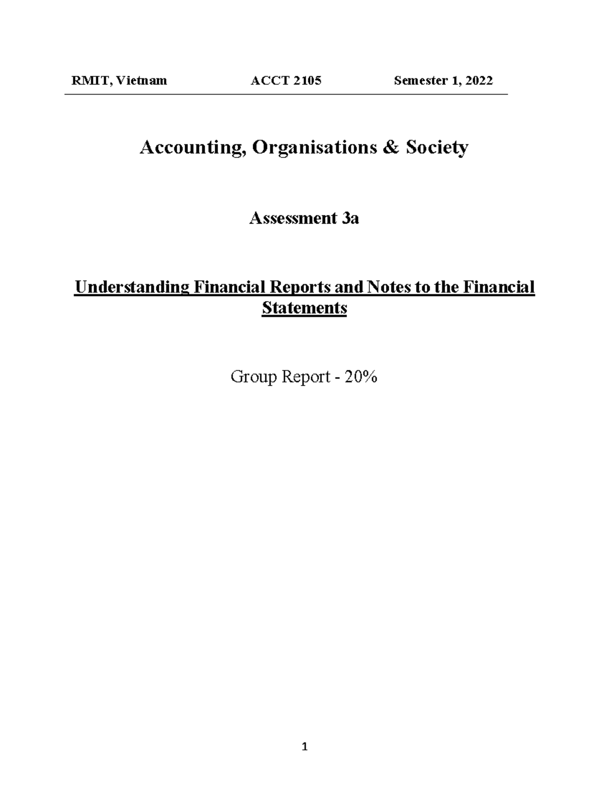 Assessment 3a-1 - Assignment 3 - 1 RMIT, Vietnam ACCT 2105 Semester 1 ...