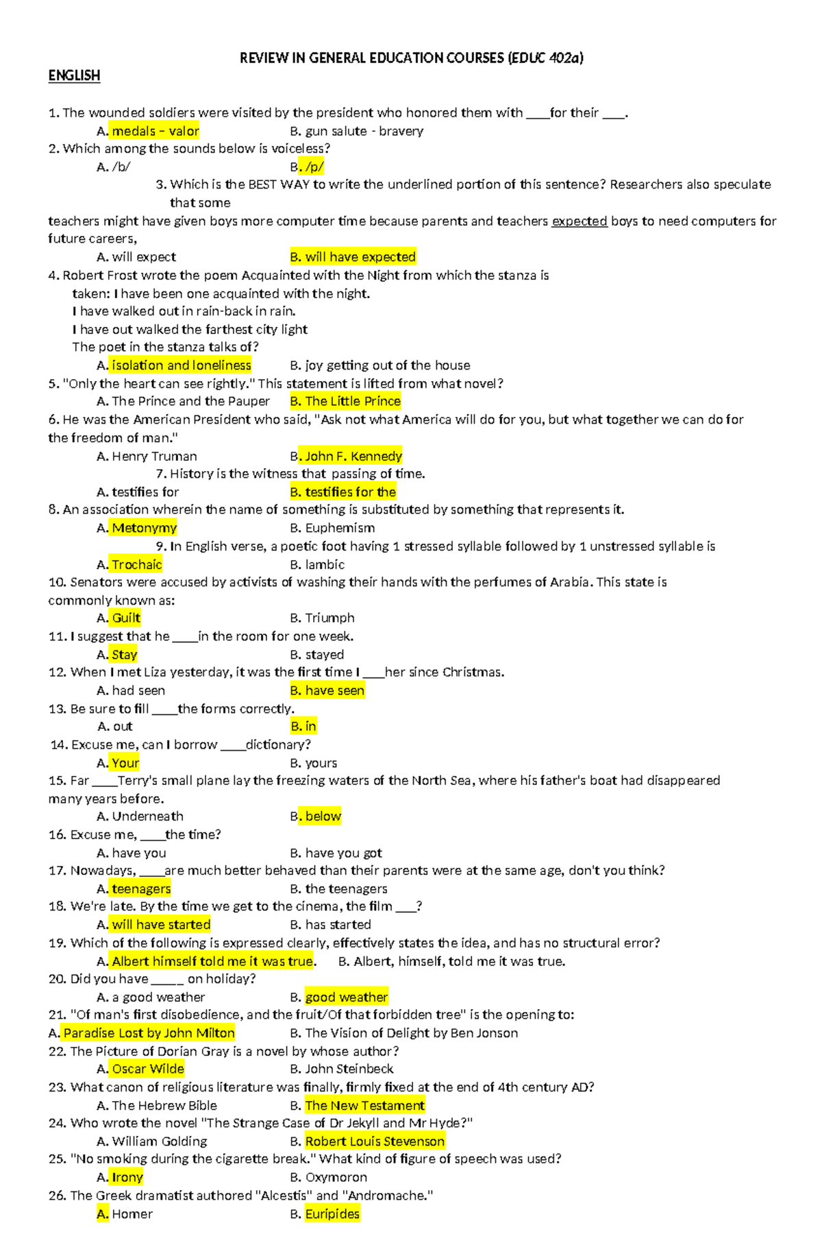 Review in Gen Ed English 100 questions - REVIEW IN GENERAL EDUCATION ...