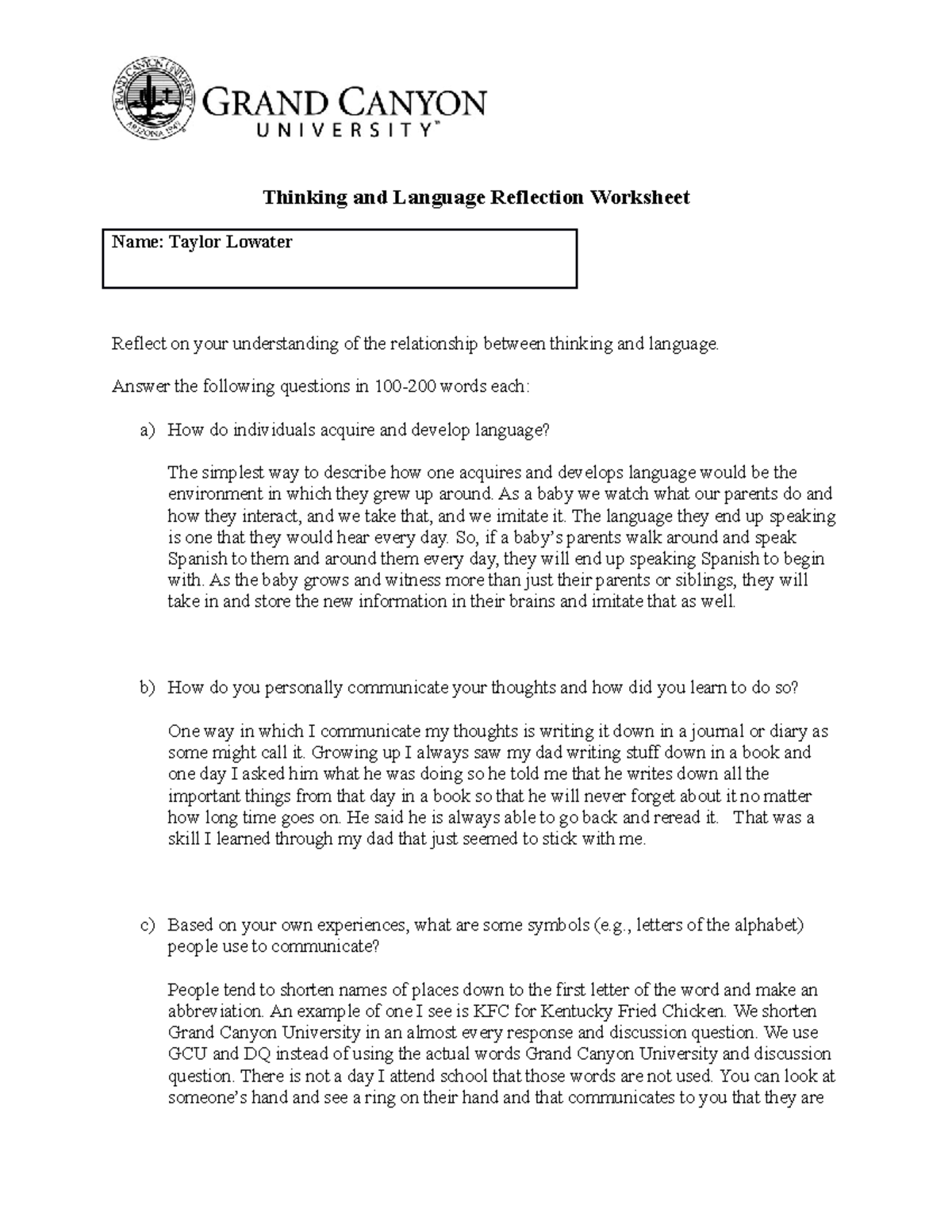 PHI105 - my answers for the thinking and language reflection worksheet ...